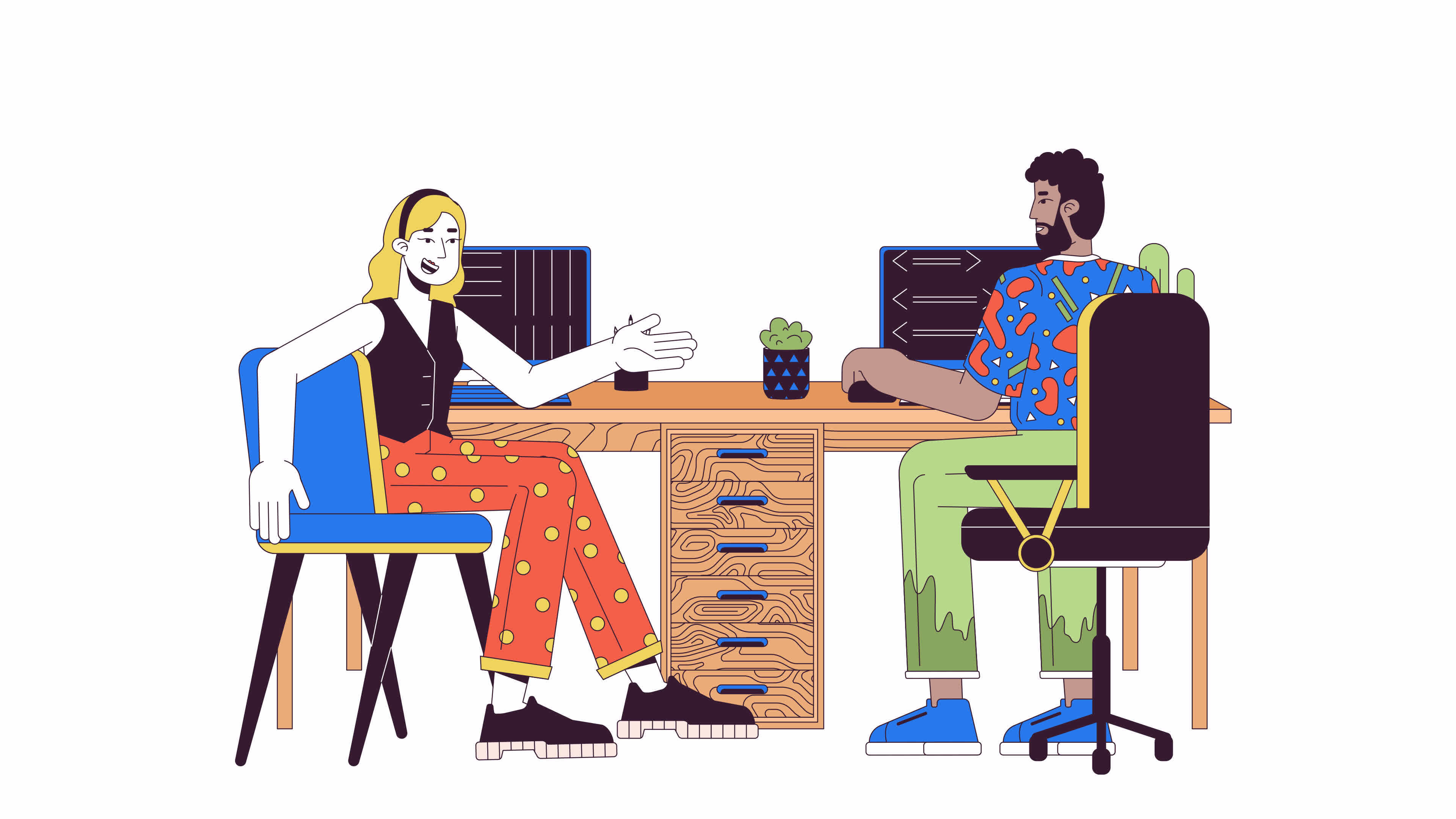 Positive colleagues communicating at workplace line 2D characters ...