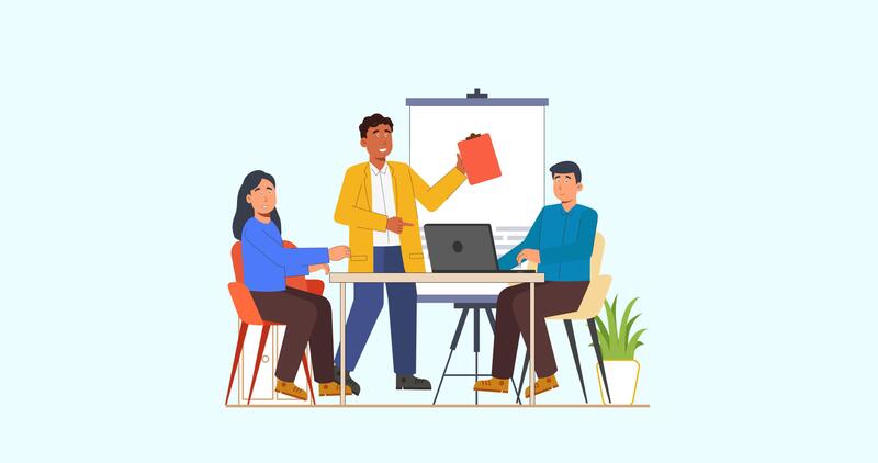 Meeting in the office with a group of workers discussing or talking to ...