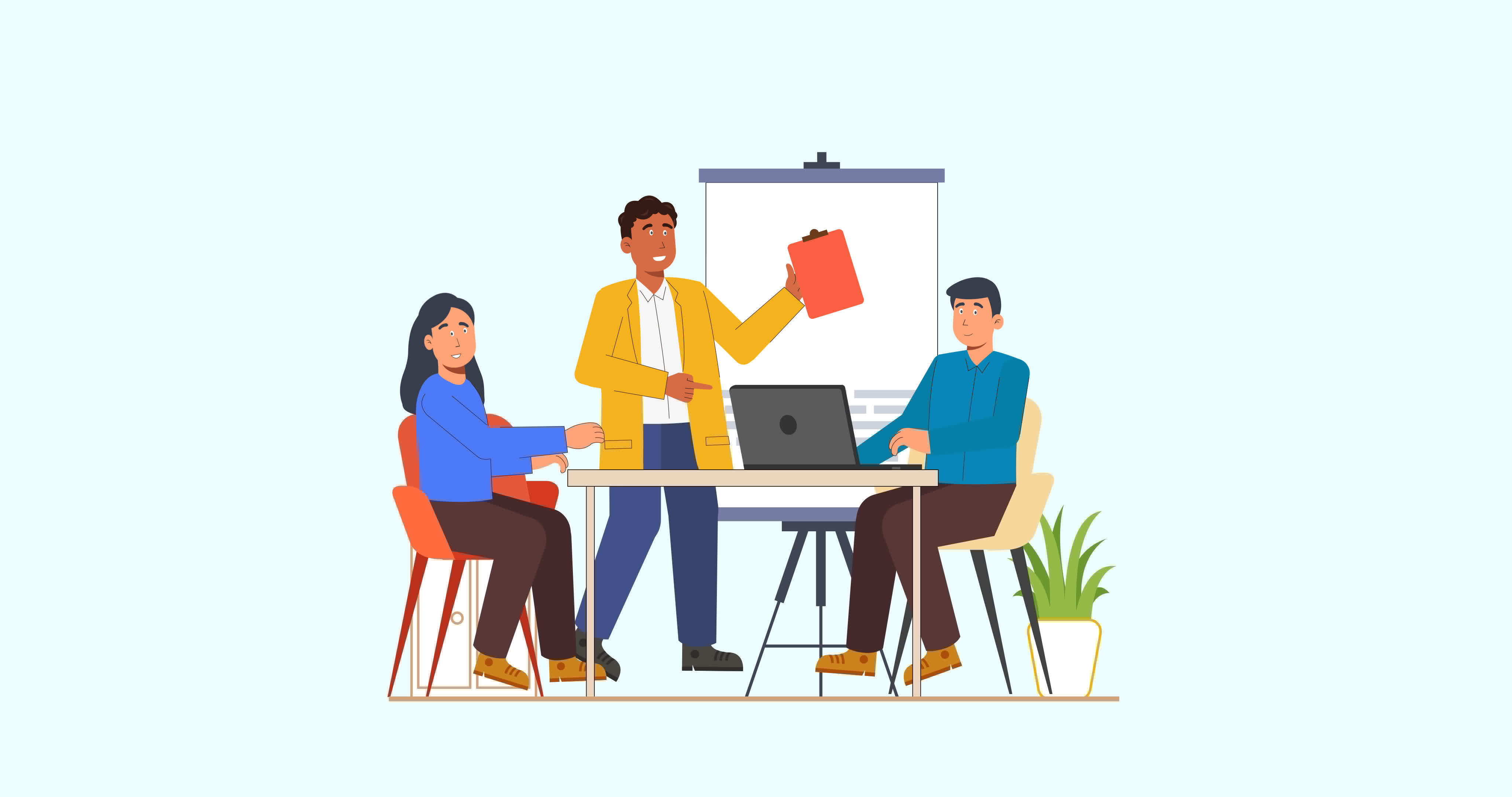 Meeting in the office with a group of workers discussing or talking to ...