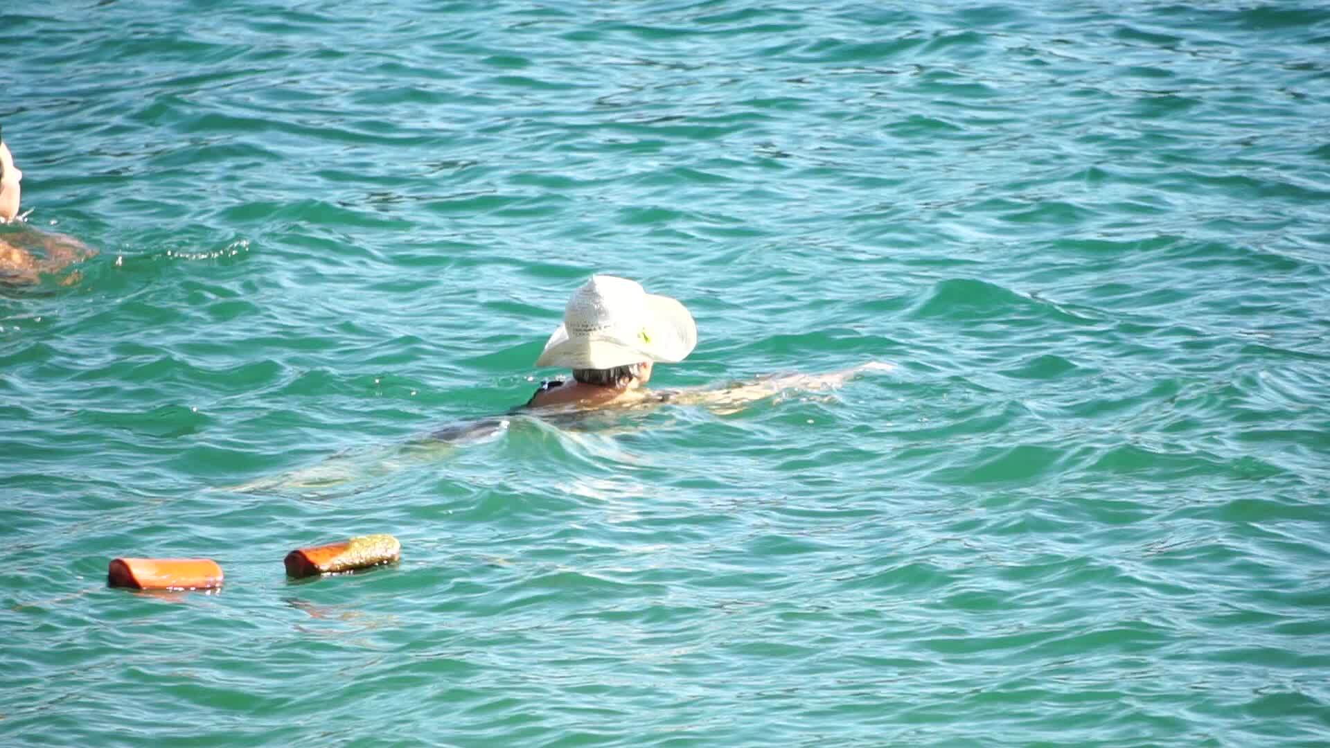 Woman Swimming In Calm Sea At Sunset Slow Motion Back View Concept Of Body Image And Fitness
