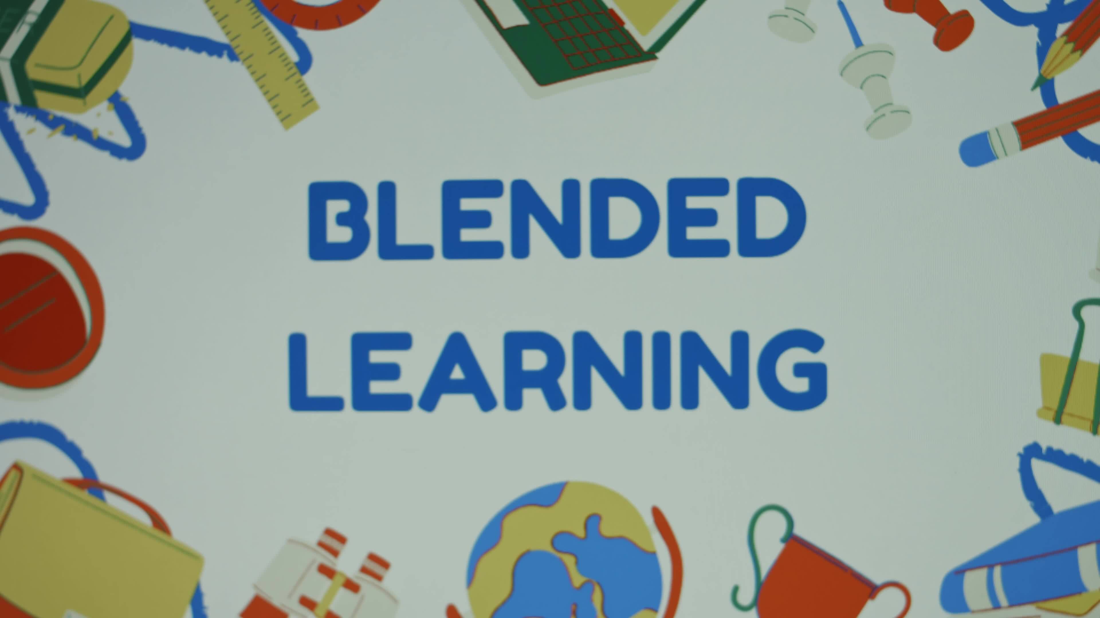 Blended learning inscription on background with drawn school supplies ...