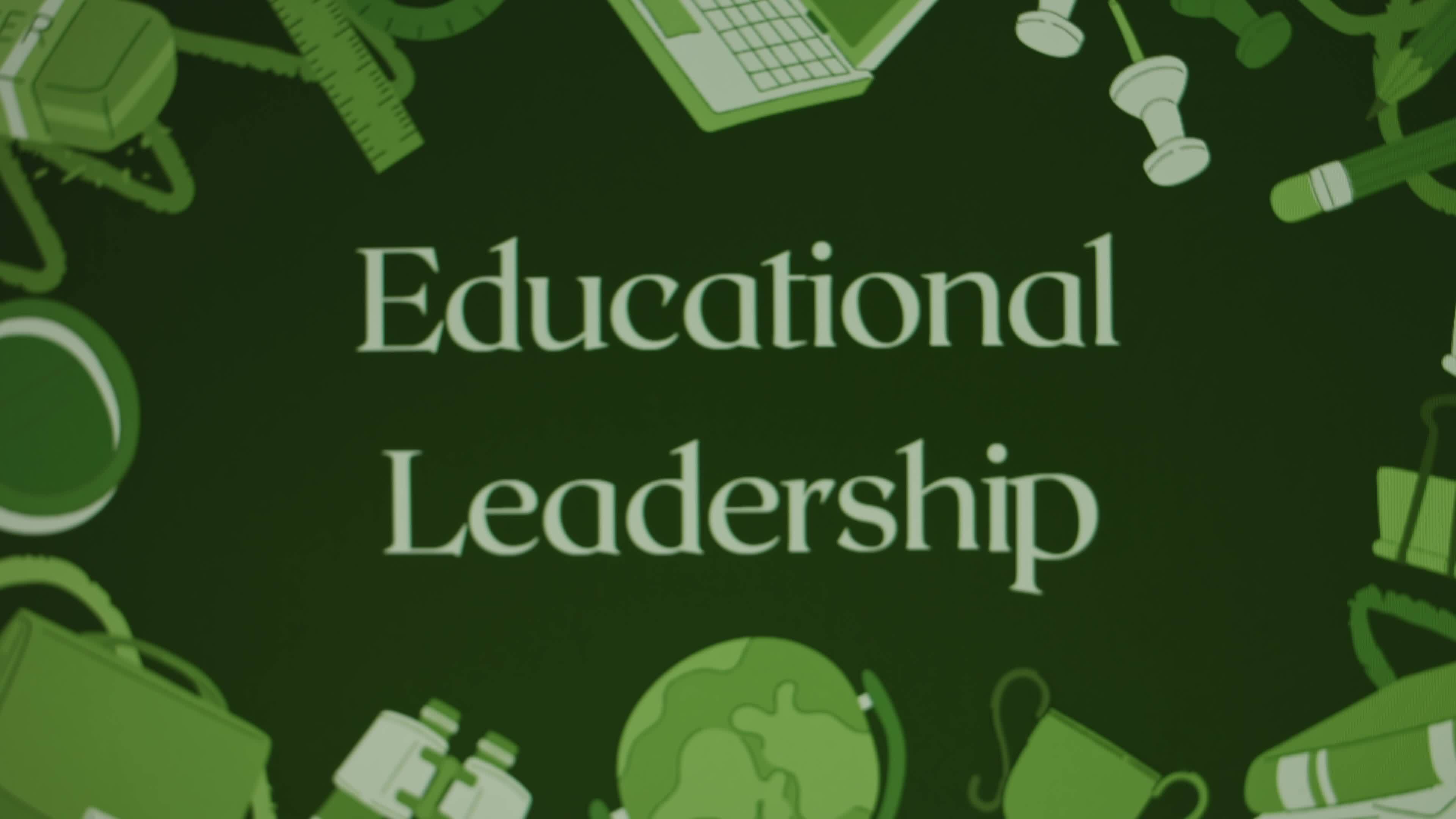 Educational leadership inscription on background with one by one appearing school supplies ...