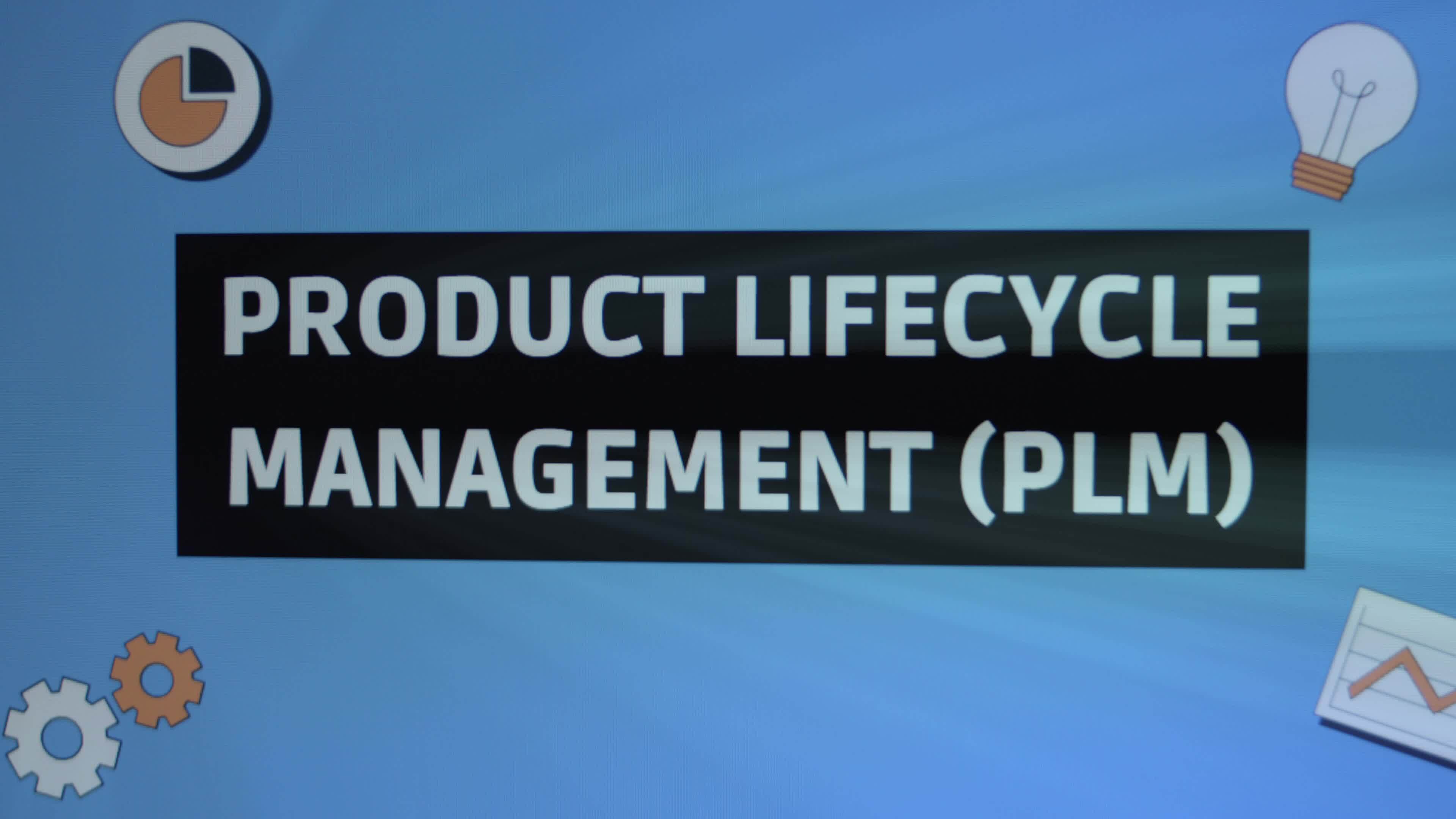 Product Lifecycle Management PLM inscription in black frame. Graphic presentation with animated ...