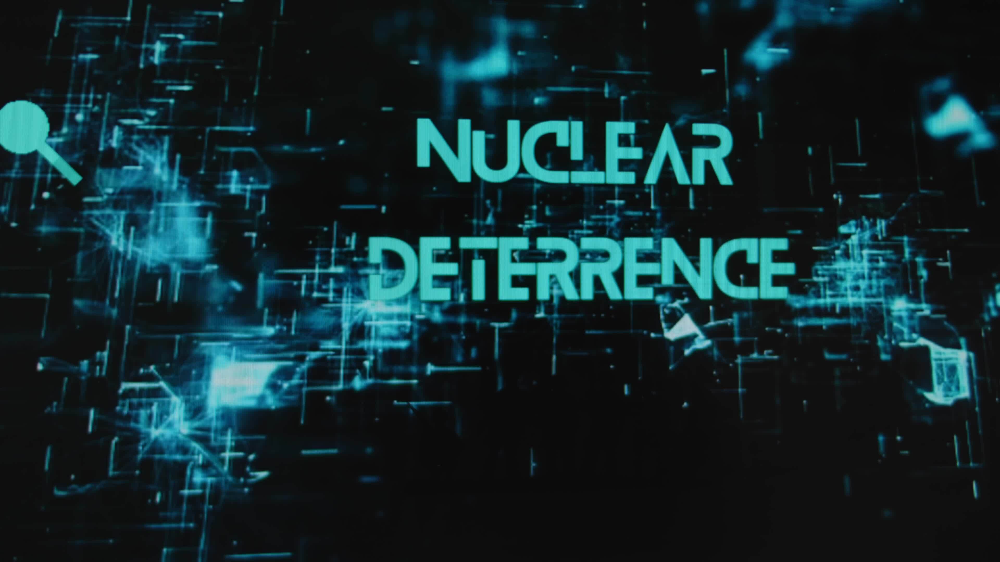 Nuclear Deterrence inscription on black background with neon holograms. Graphic presentation ...