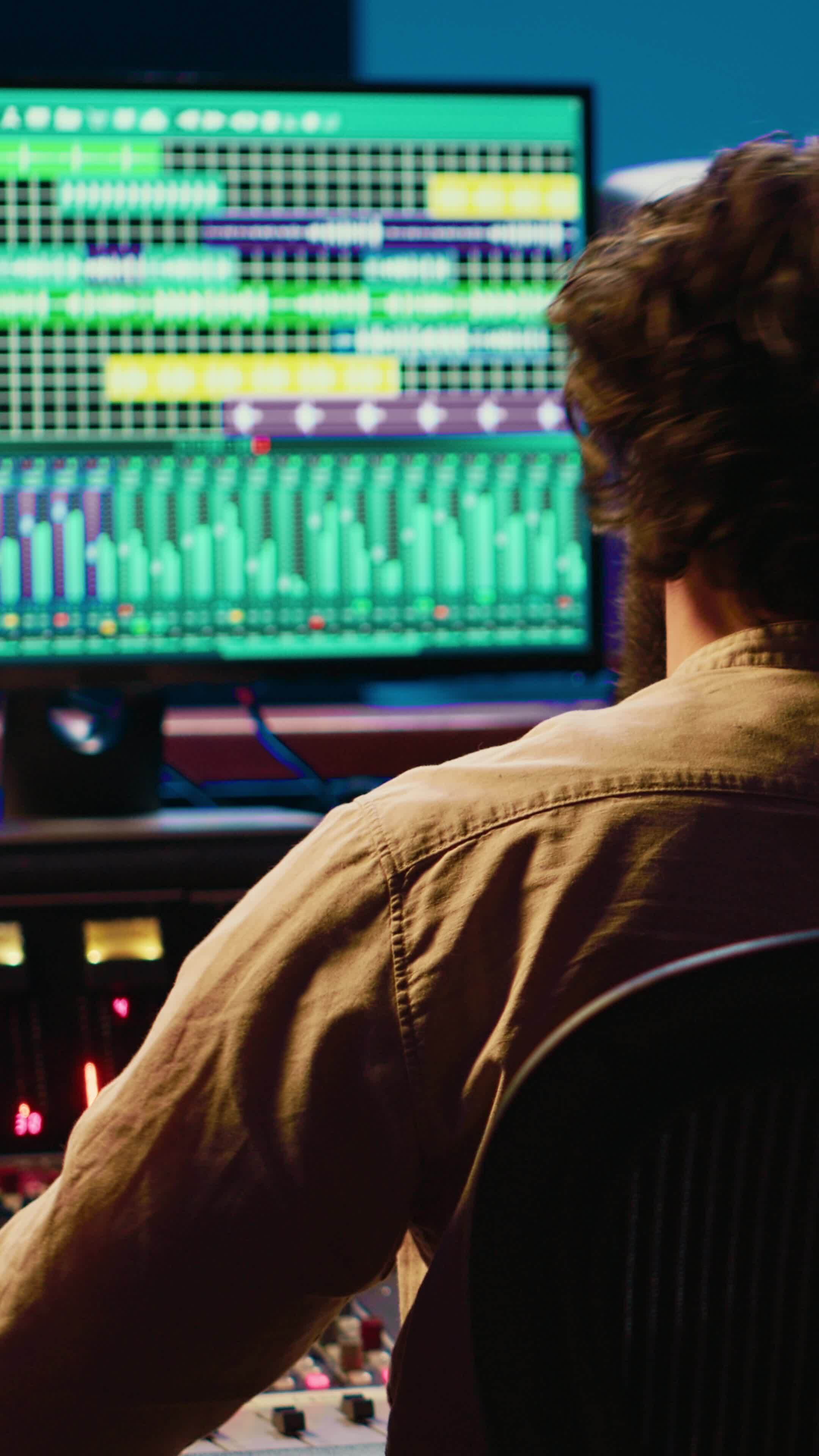 Vertical Audio Technician Working In Control Room To Edit And Process