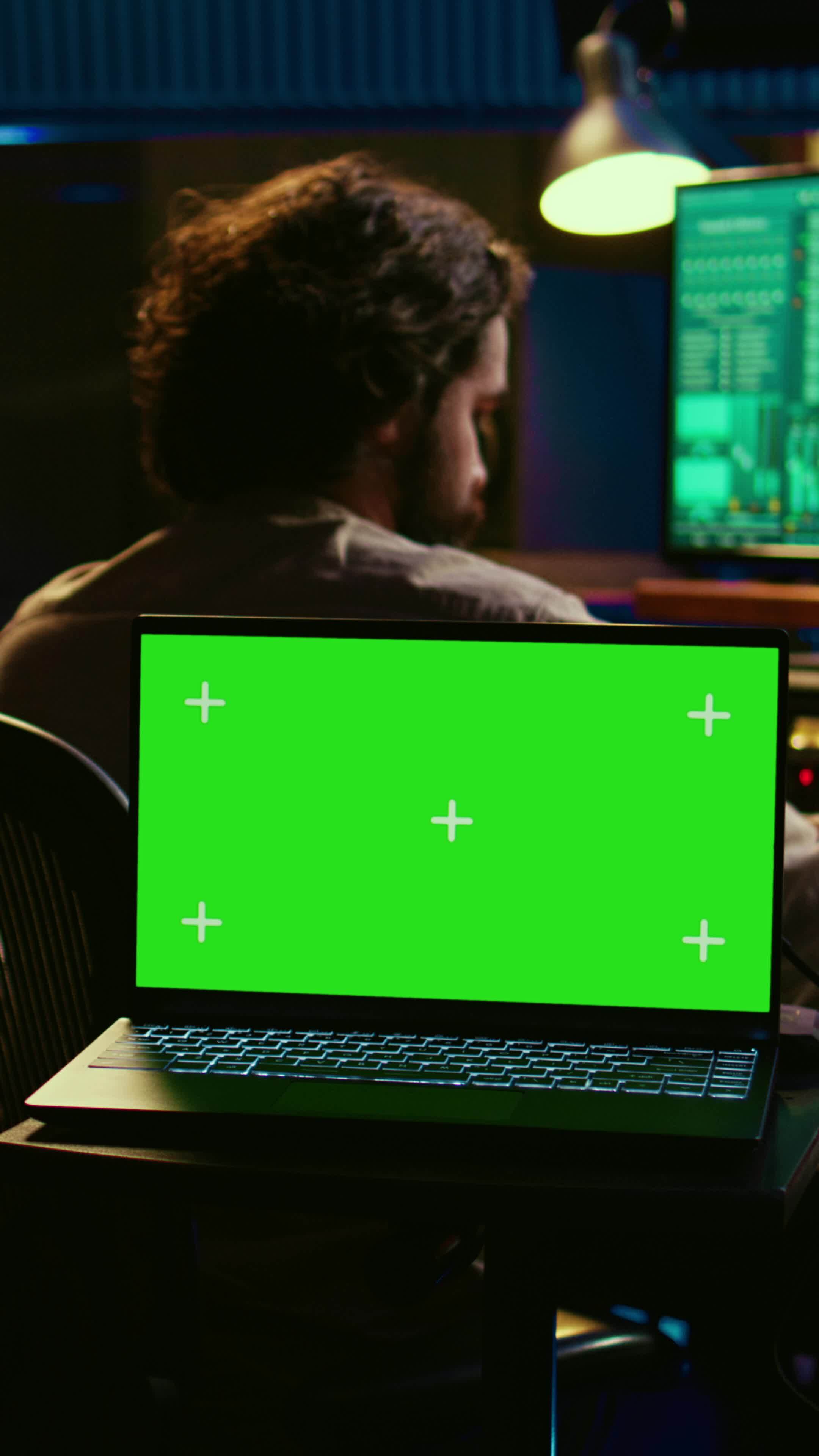 Vertical Team Of Artist And Music Producer Work With Mockup Display Processing And Mixing