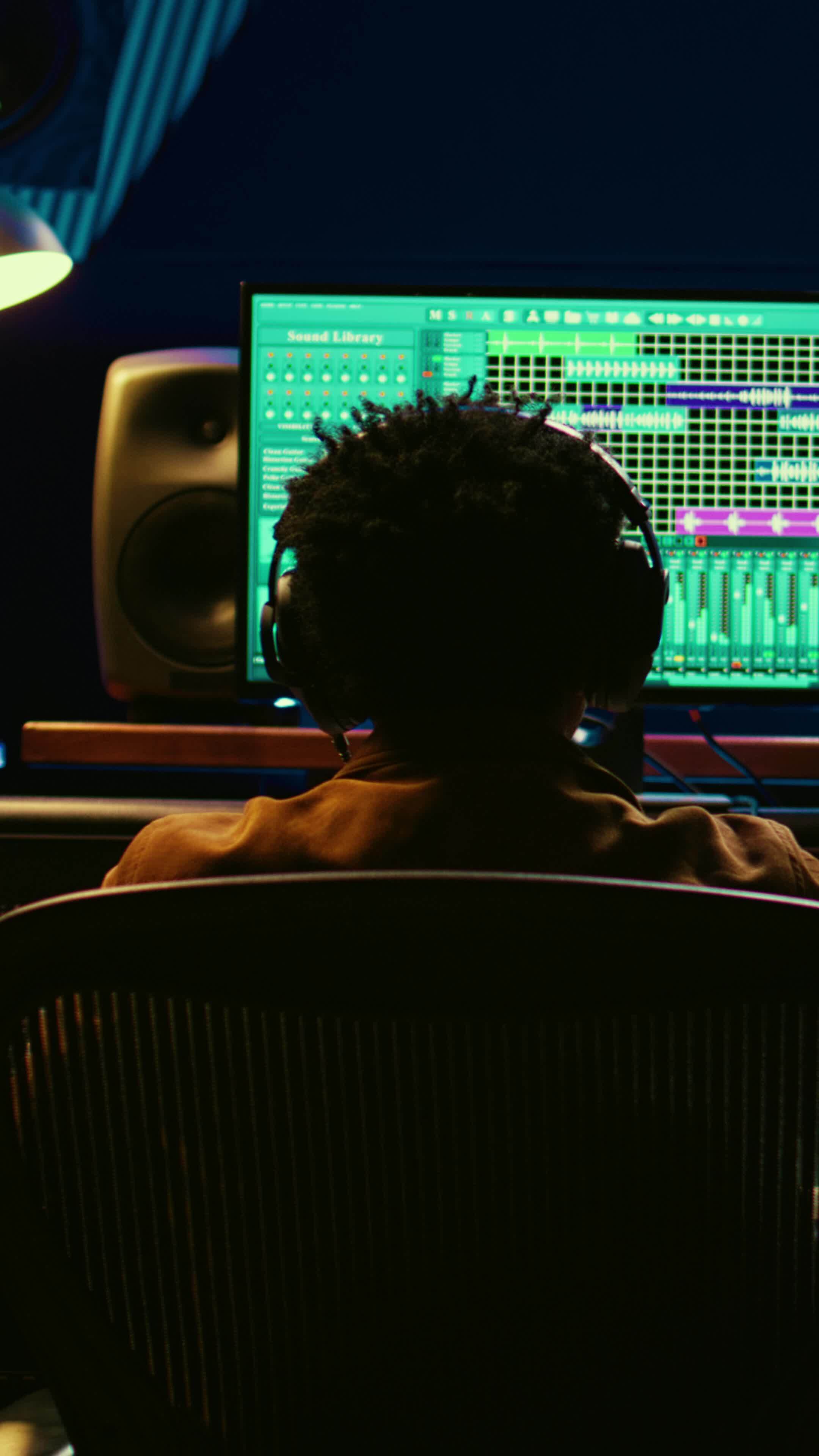 Vertical Music producer recording and editing tracks in control room ... Vertical Music producer recording and editing tracks in control room ...