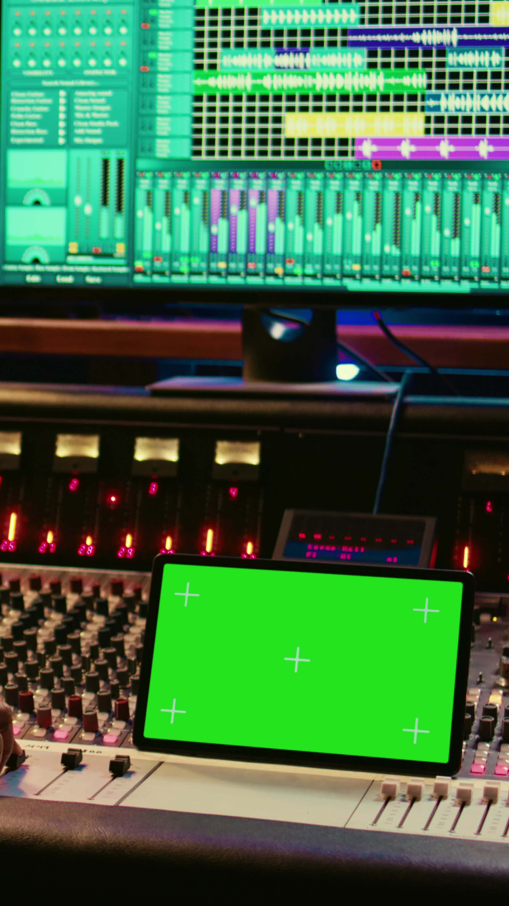 Vertical Sound Engineer Expert Recording Audio Tracks Next To Tablet Mockup Adding Sound