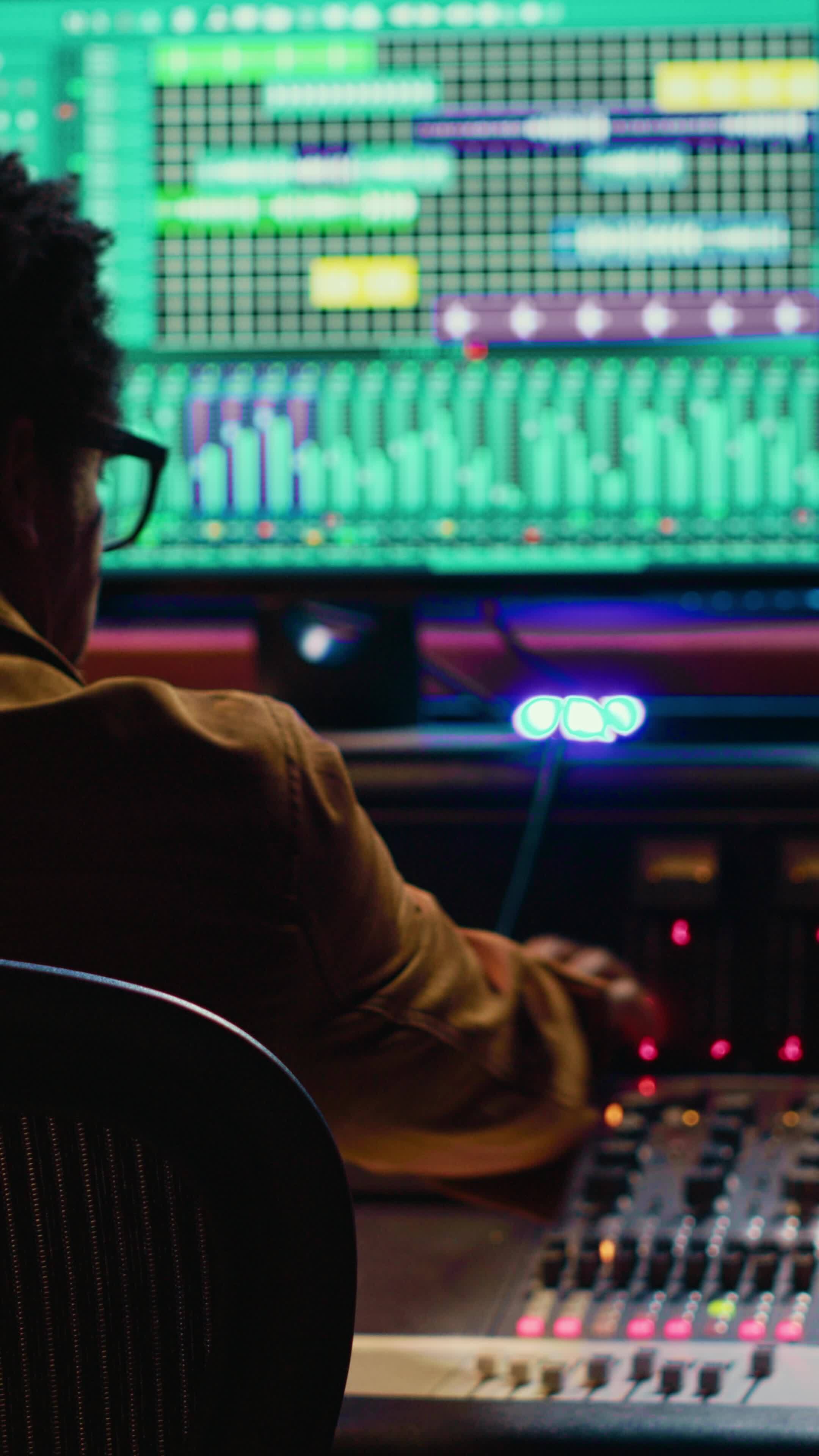 Vertical Sound Designer Editing Tracks By Adjusting Volume Levels With