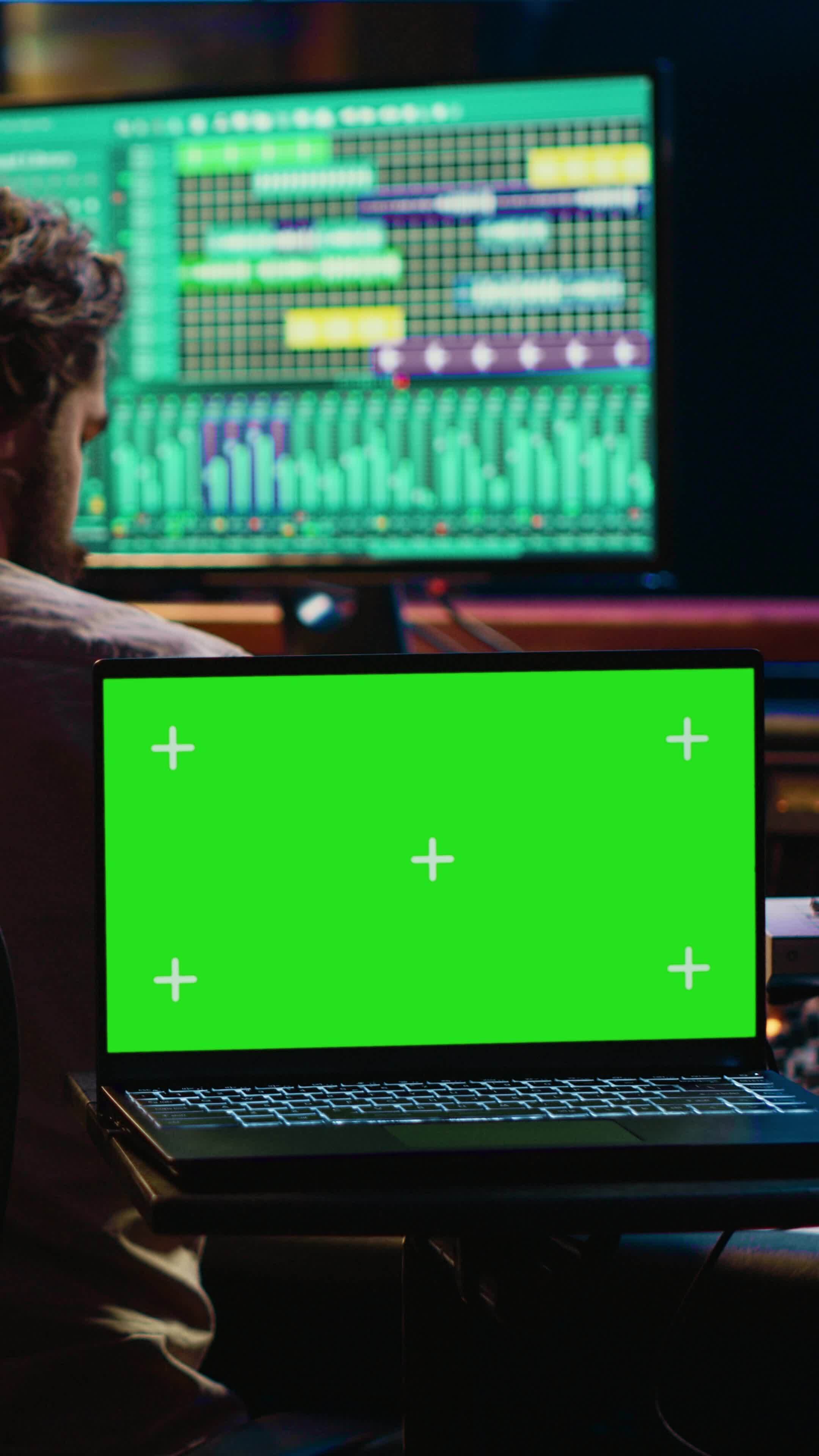 Vertical Team Of Artist And Music Producer Work With Mockup Display Processing And Mixing