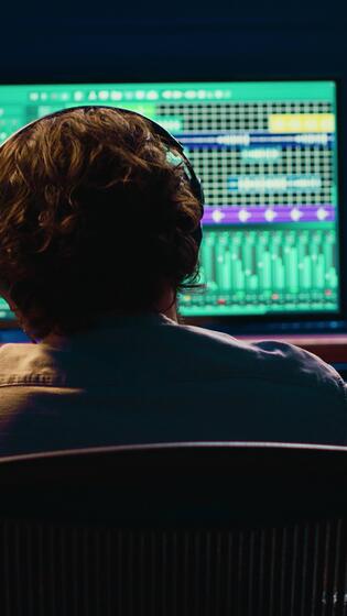 Vertical Using audio editing software, sound producer creates tunes and ...