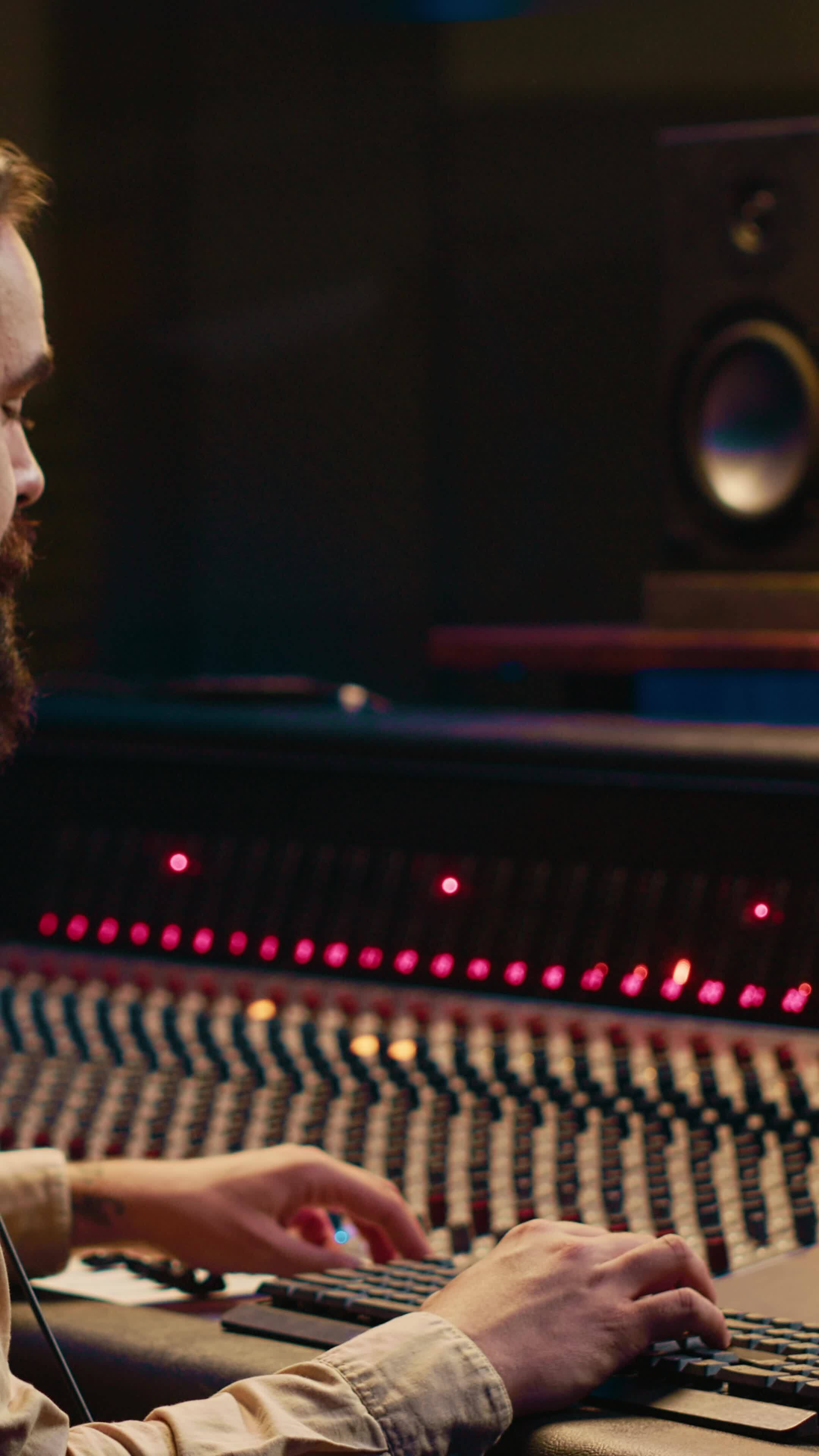 Vertical Audio Expert Operating Motorized Faders And Mixing Console In