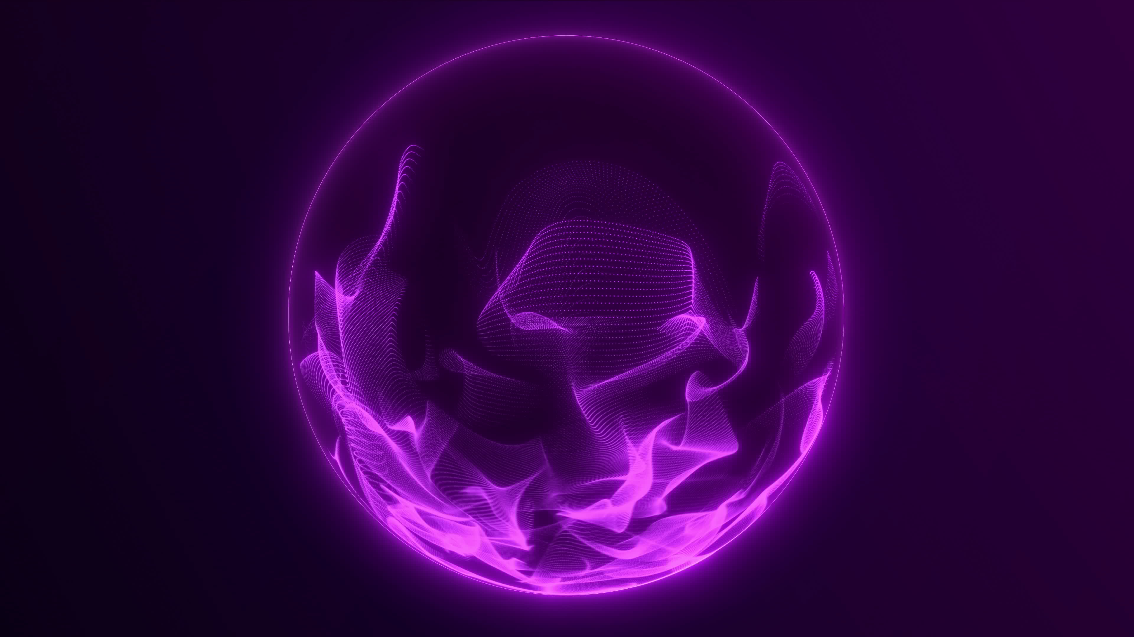Abstract digital energy glowing sphere, neon purple orb with wave-shaped particles levitating in ...