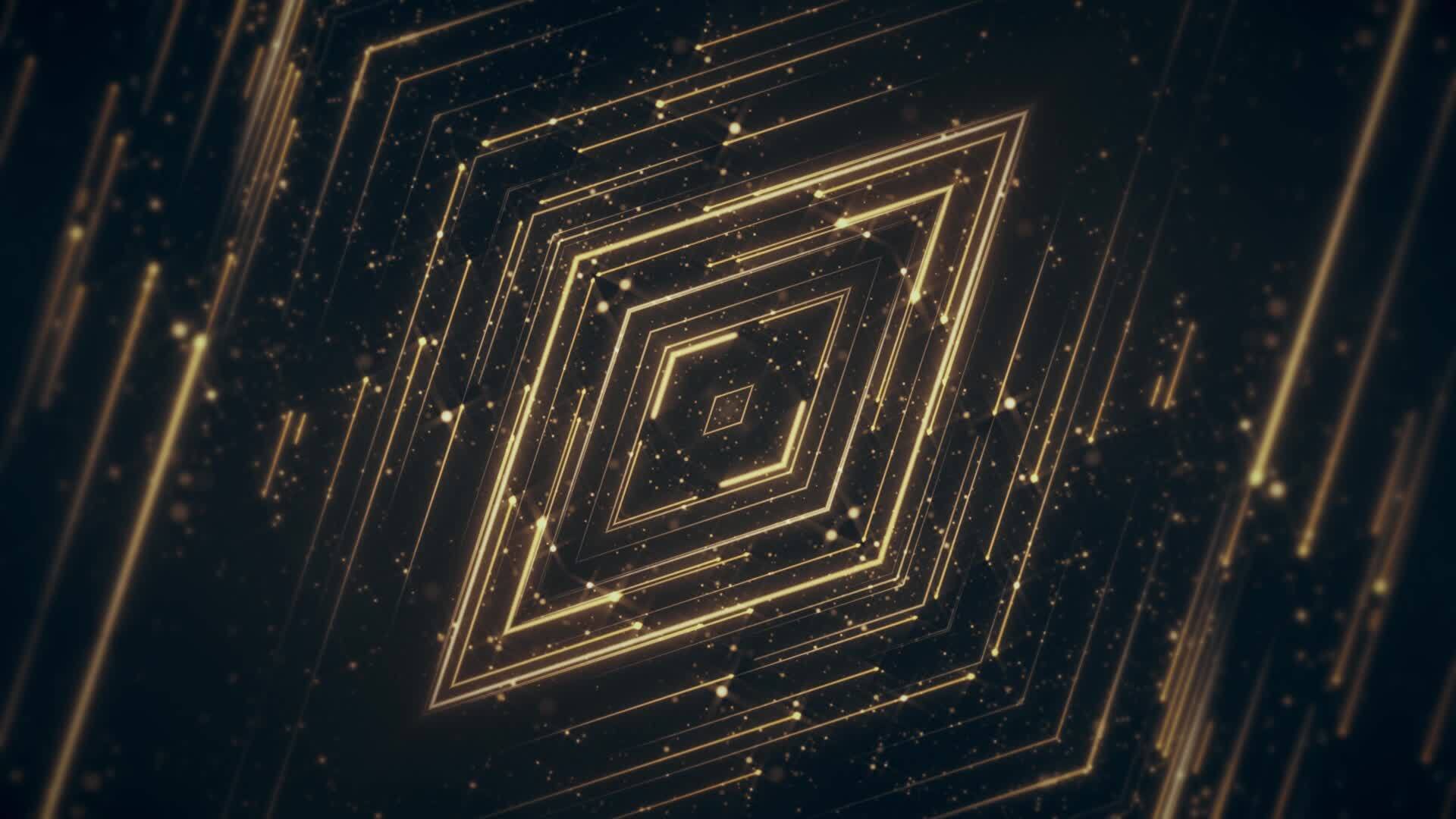 Abstract background animation with glittering shiny gold particles and shooting golden stars ...