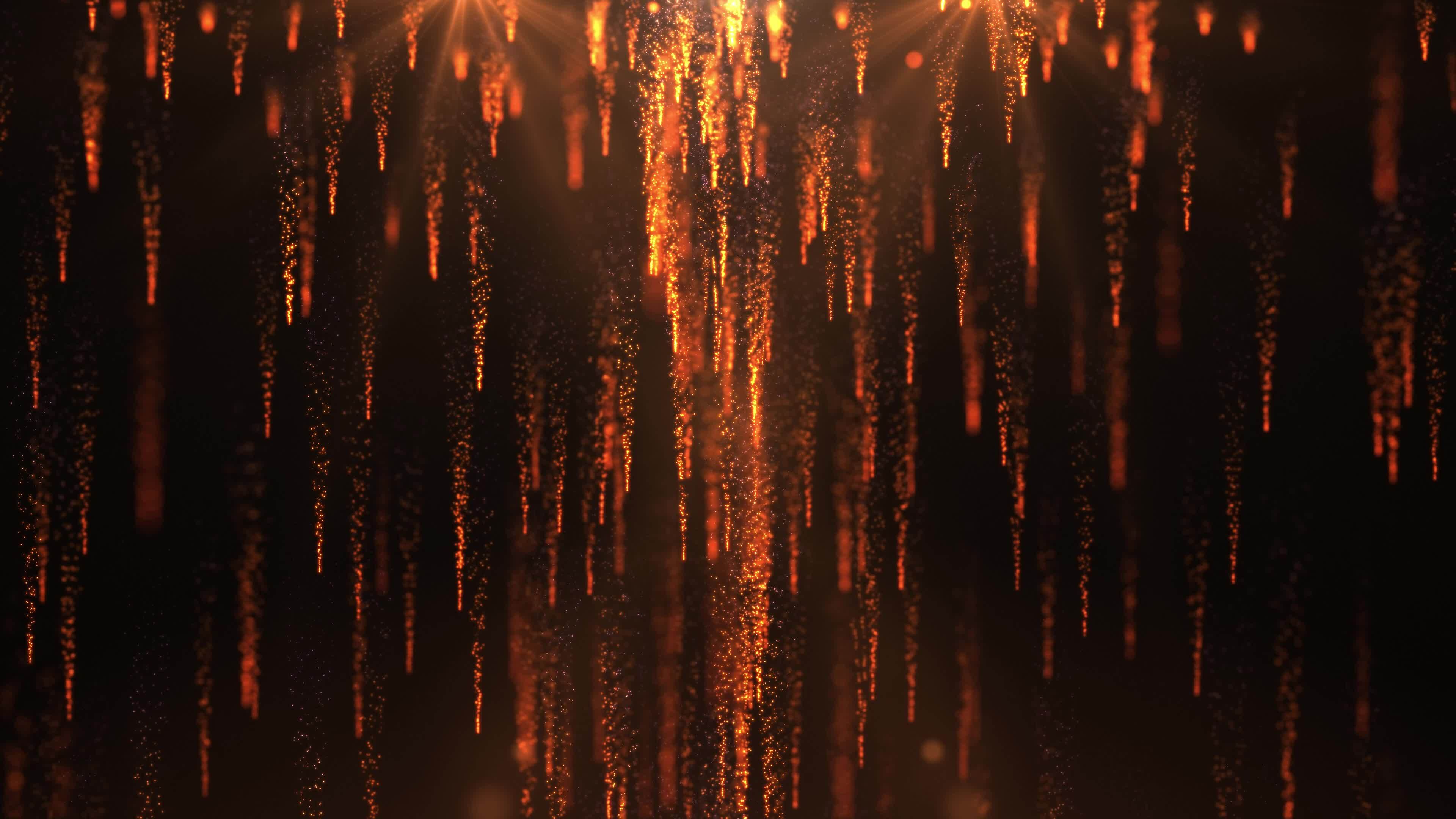 Falling light of dust of gold particles. Rain of particles. Awards show backstory. Bright ...