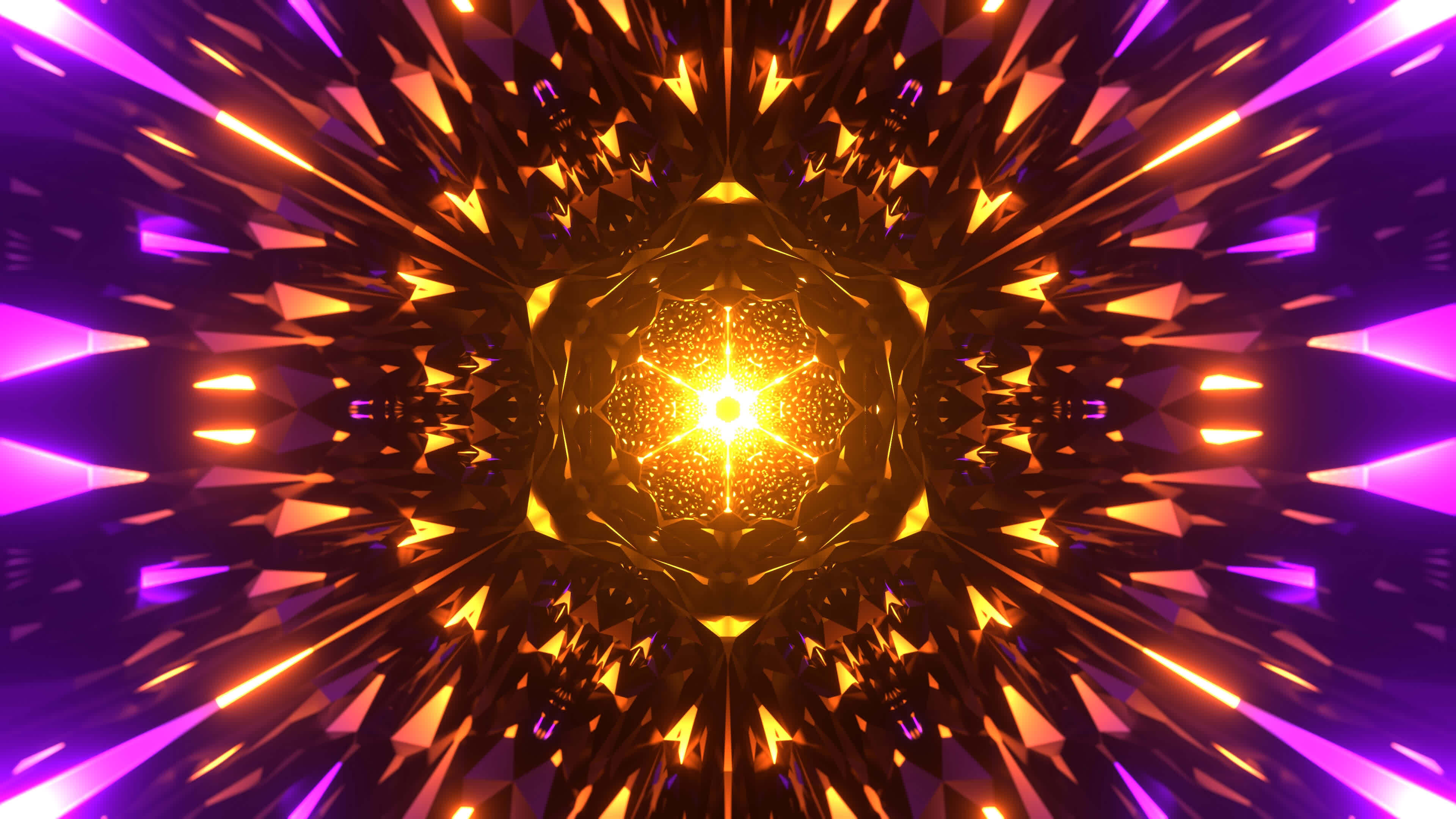 vj loop. abstract motion background. 3D glowing yellow and purple mandala style. seamless 4K ...