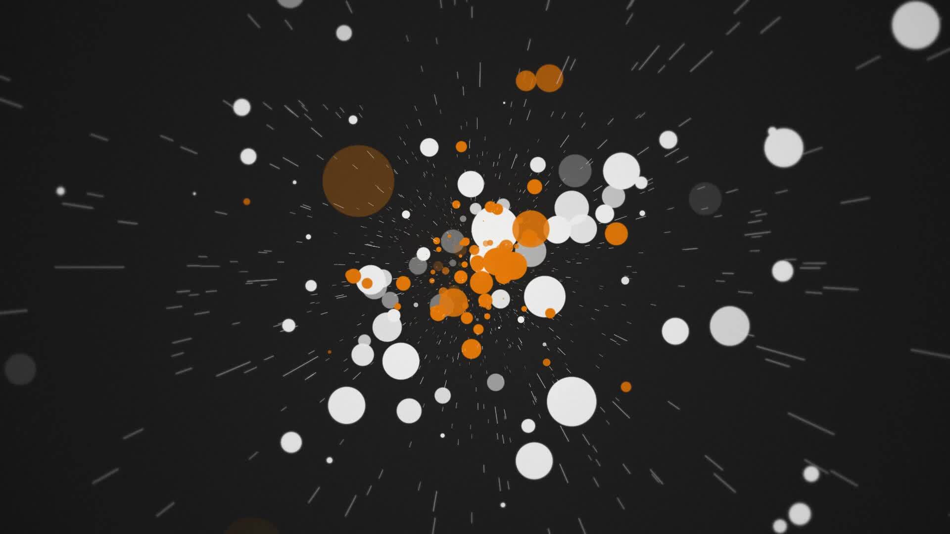 Particle background with orange and white sphere particles and stars flowing towards the camera ...