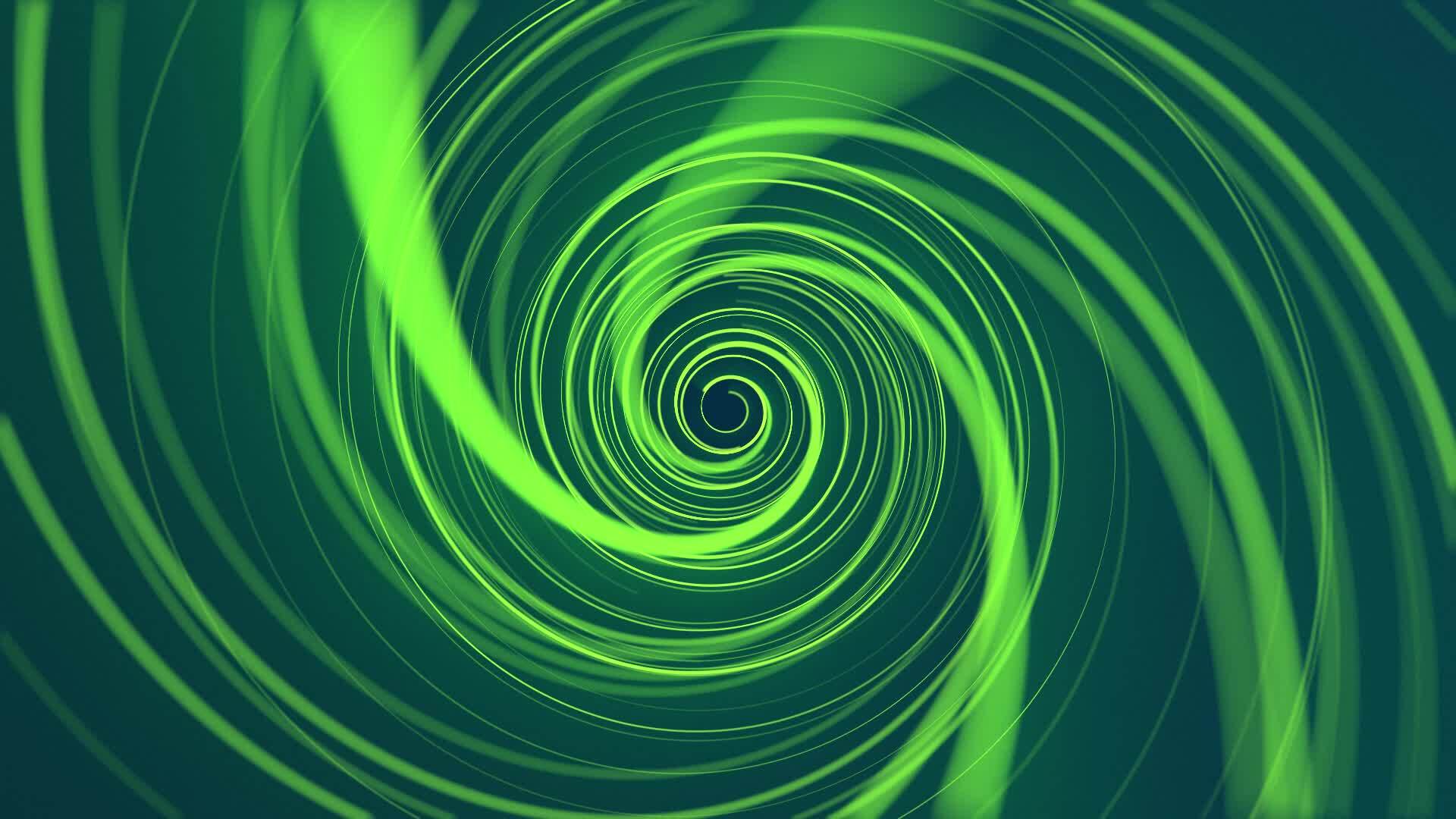 A spinning spiral of glowing green neon light beams. Full HD and looping vibrant abstract ...