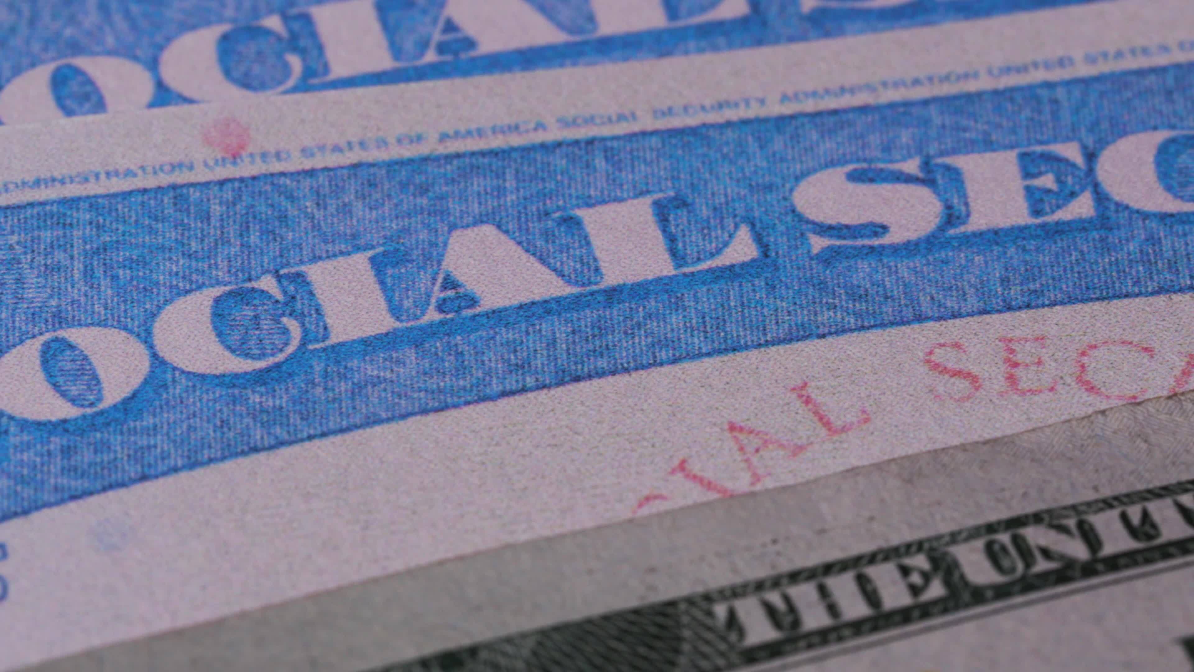 2 Close Up Social Security Cards Ssn Cash Us Dollar Bills Money