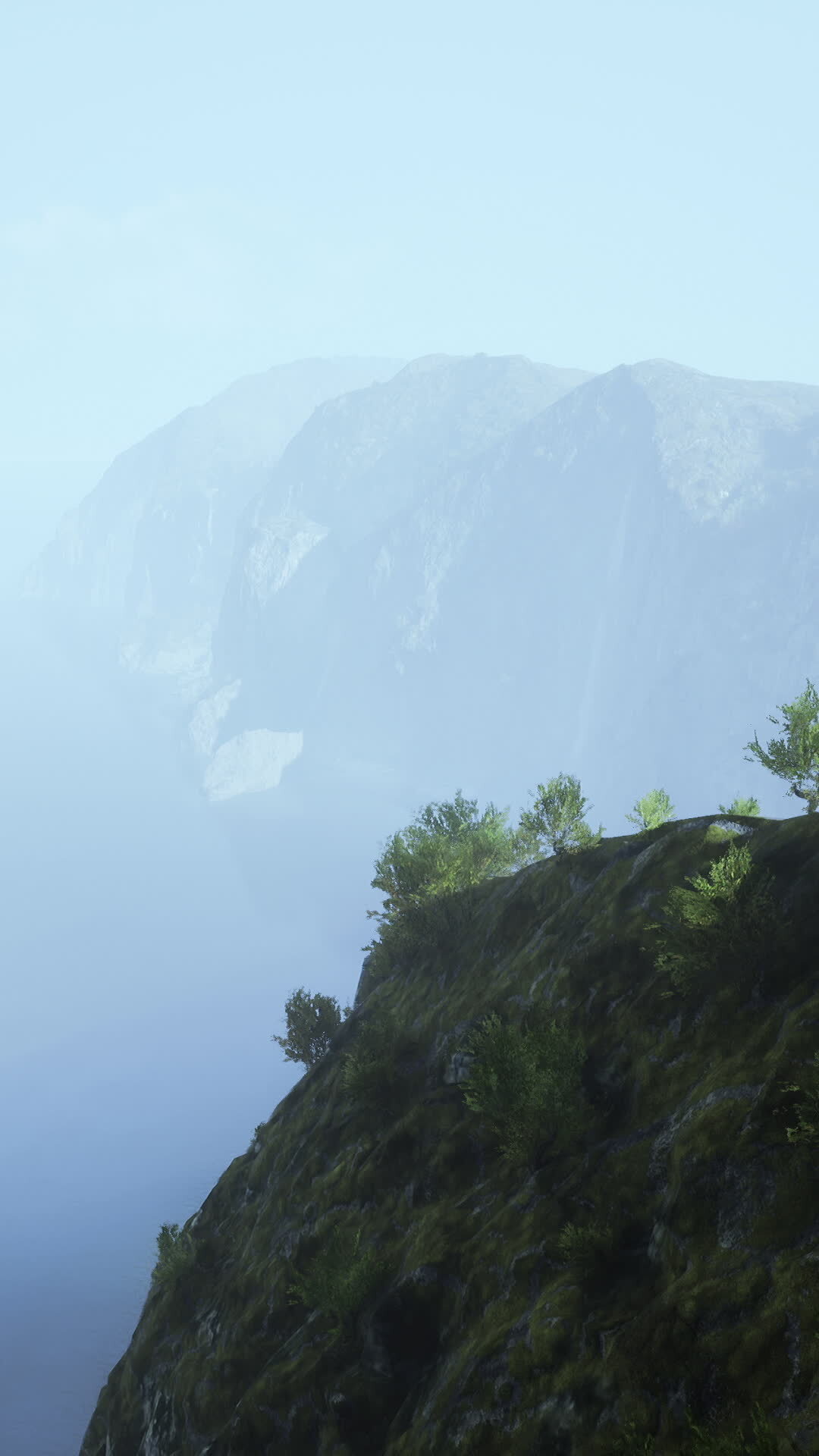 A majestic mountain landscape with lush green trees adorning its slopes ...