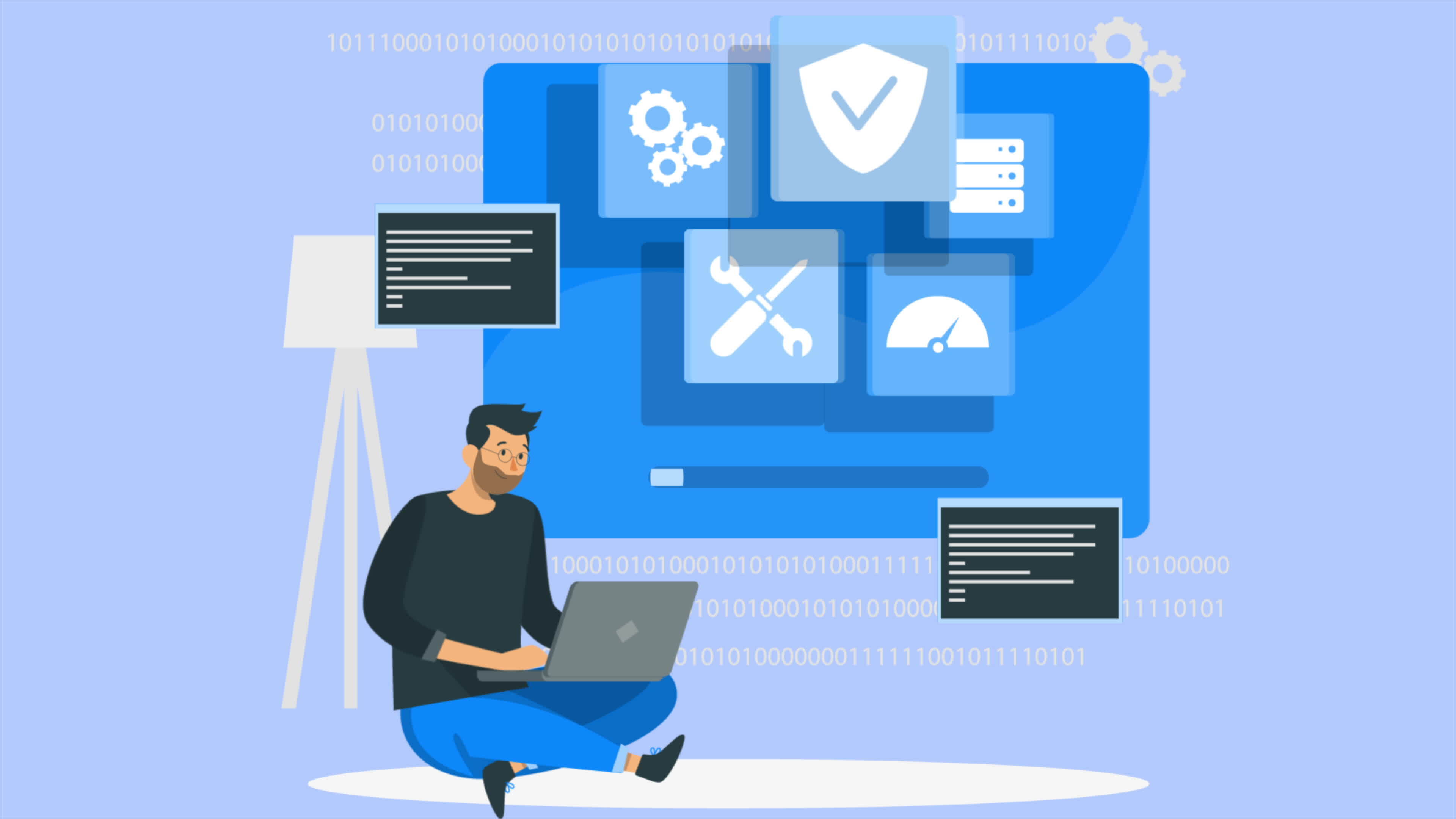 Programmer Man Writes Program To Protect Laptop From Viruses There Is A Computer Screen In The