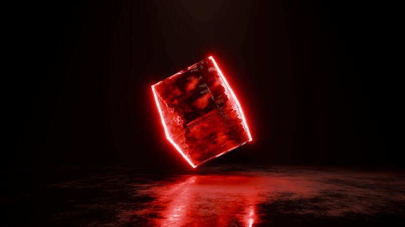 3D render animation loop of glowing neon cube and reflecting floor ...