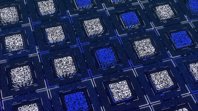 Abstract small qr code squares on colorful background, seamless loop. Animation. Concept of ...