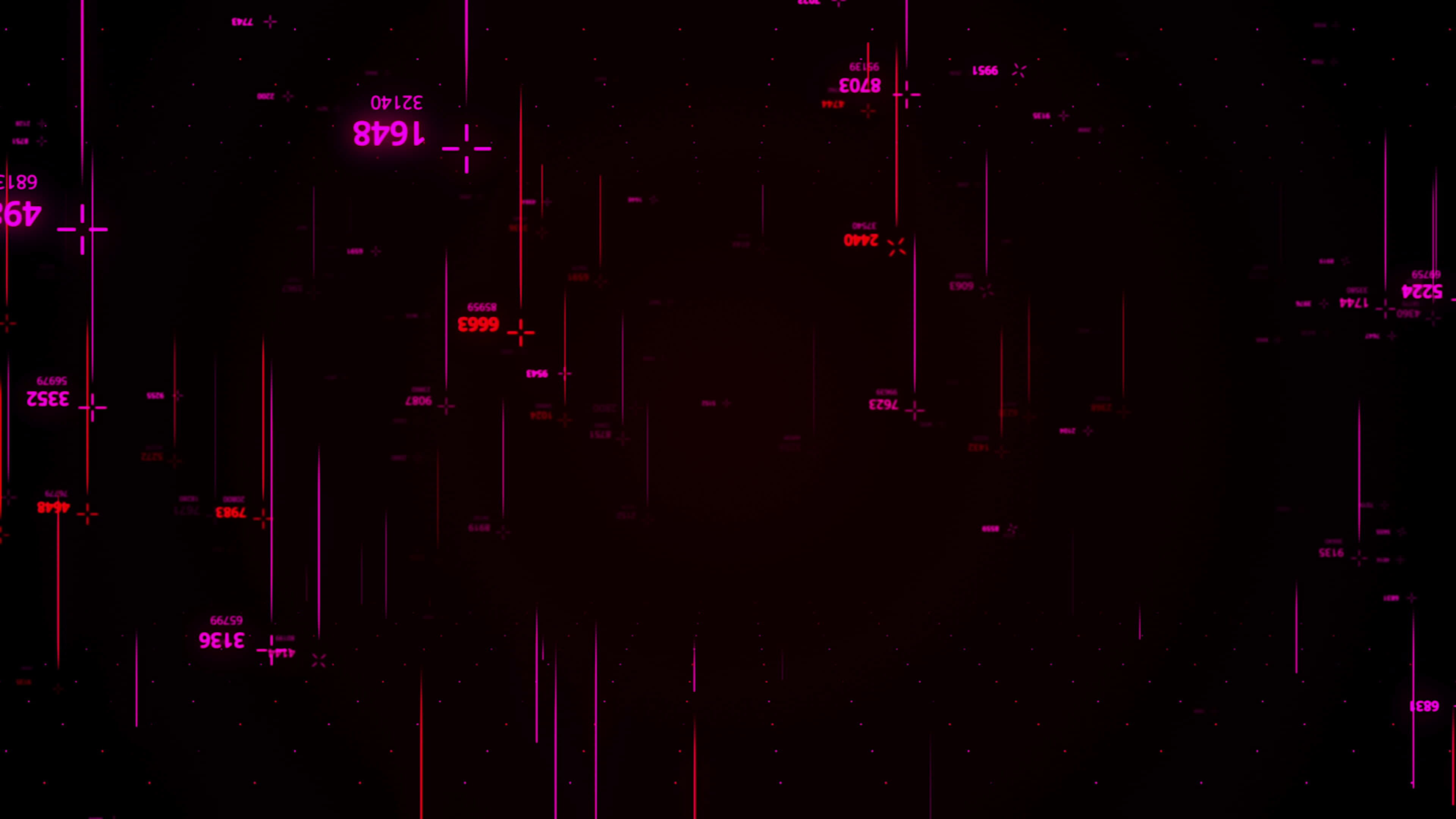 Abstract red and purple parallel segments with small colorful numbers flying on black background ...