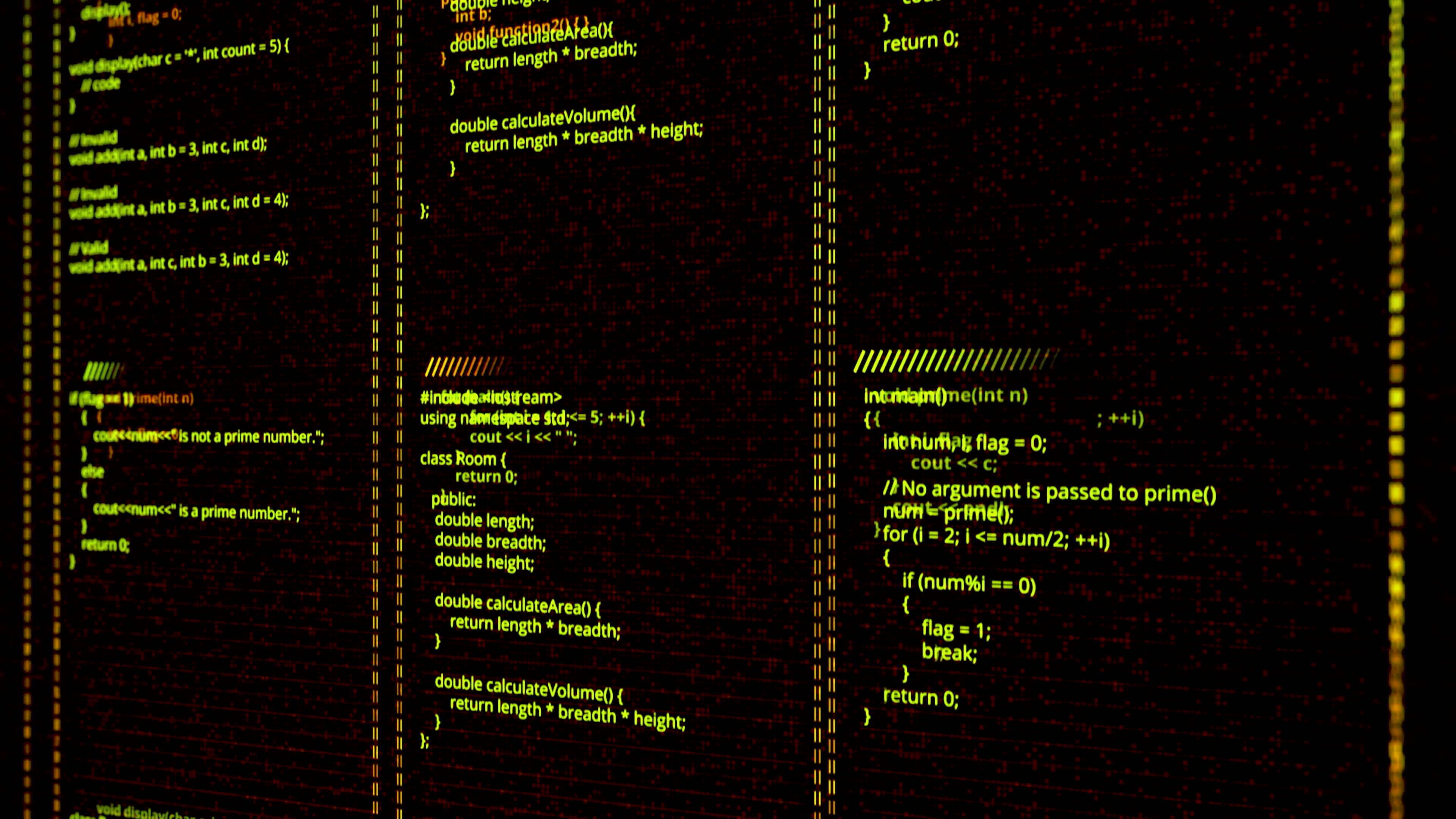 Abstract three columns with coding programs on black background ...