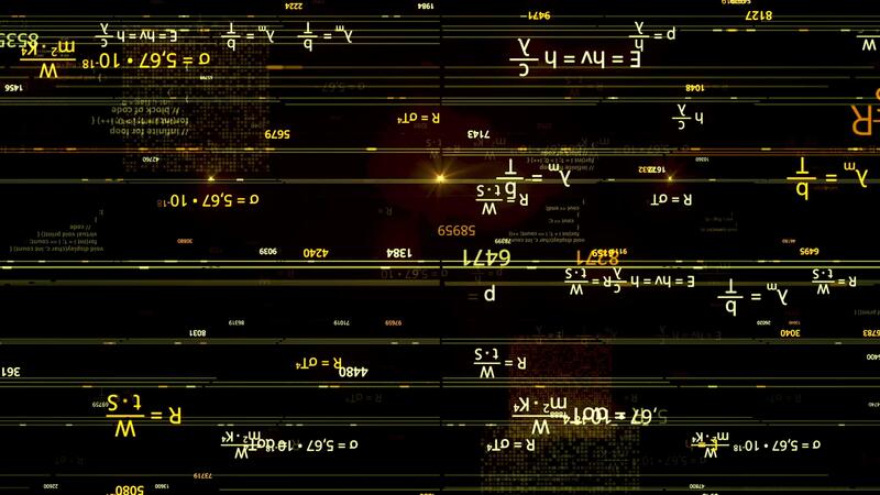 Physical science background with golden formulas mirrored on black background, seamless loop ...