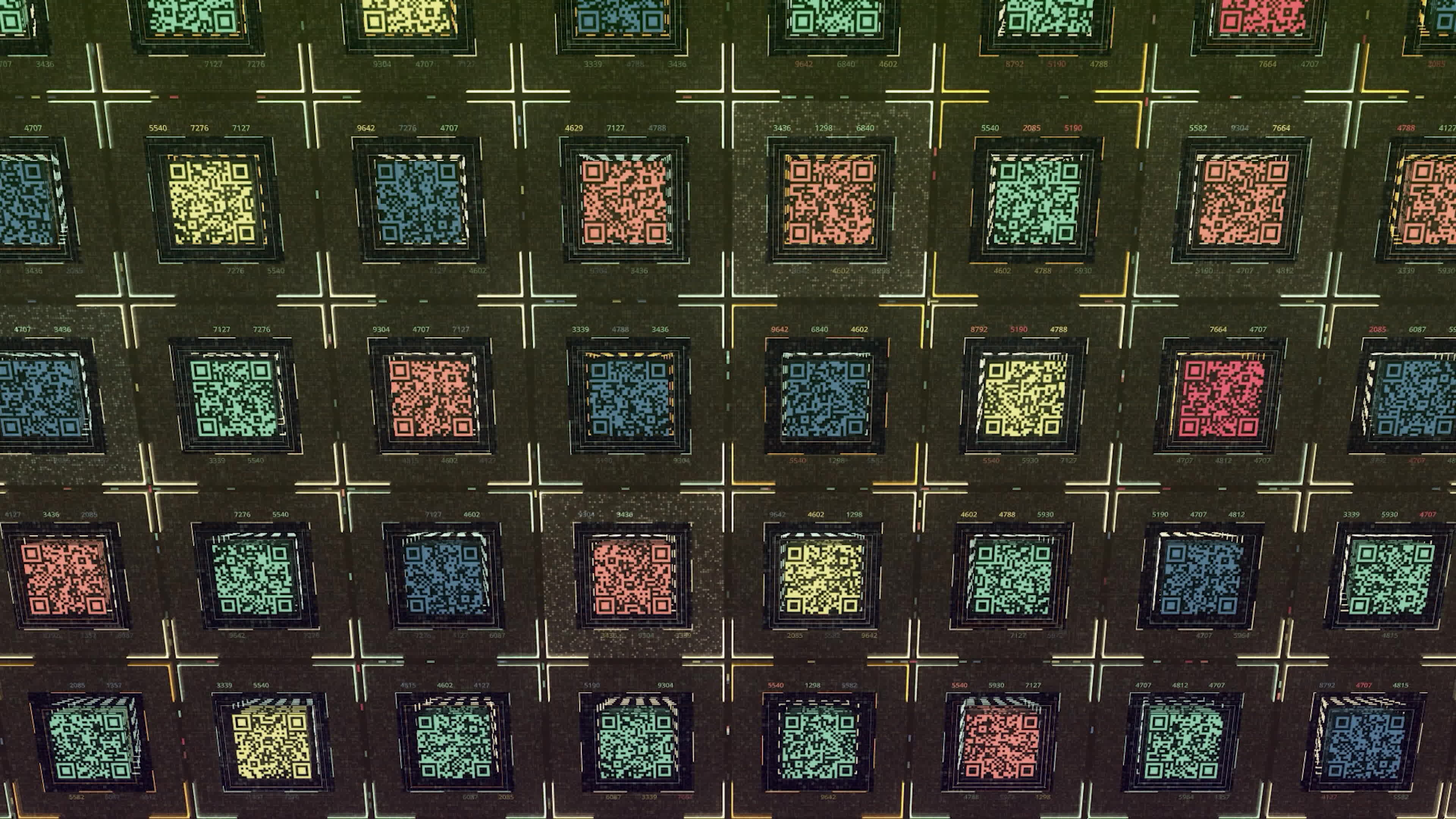 Abstract parallel rows of square shaped QR codes moving on dark green ...