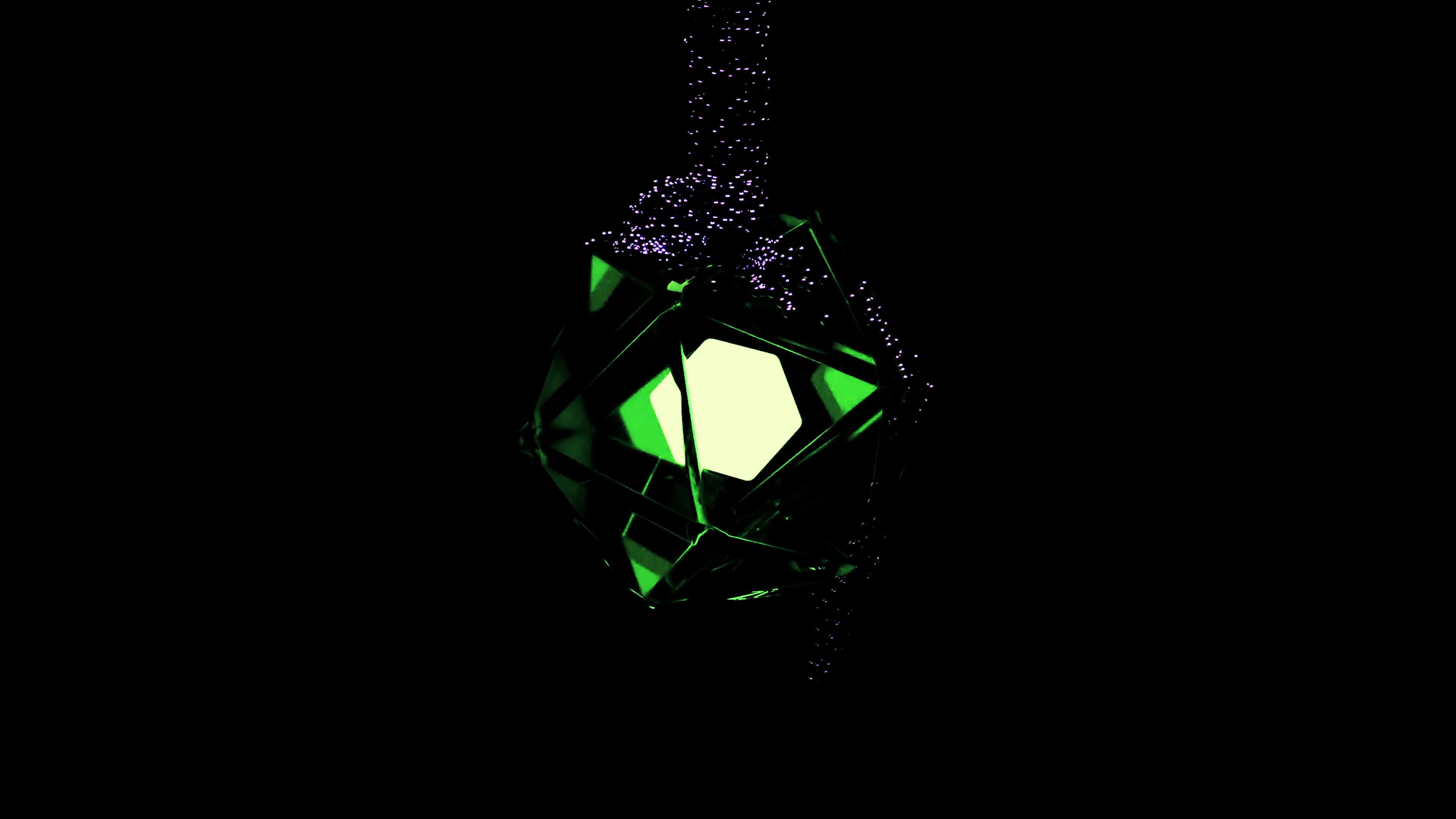 Abstract rotating glass transparent icosahedron figure with a glowing ...
