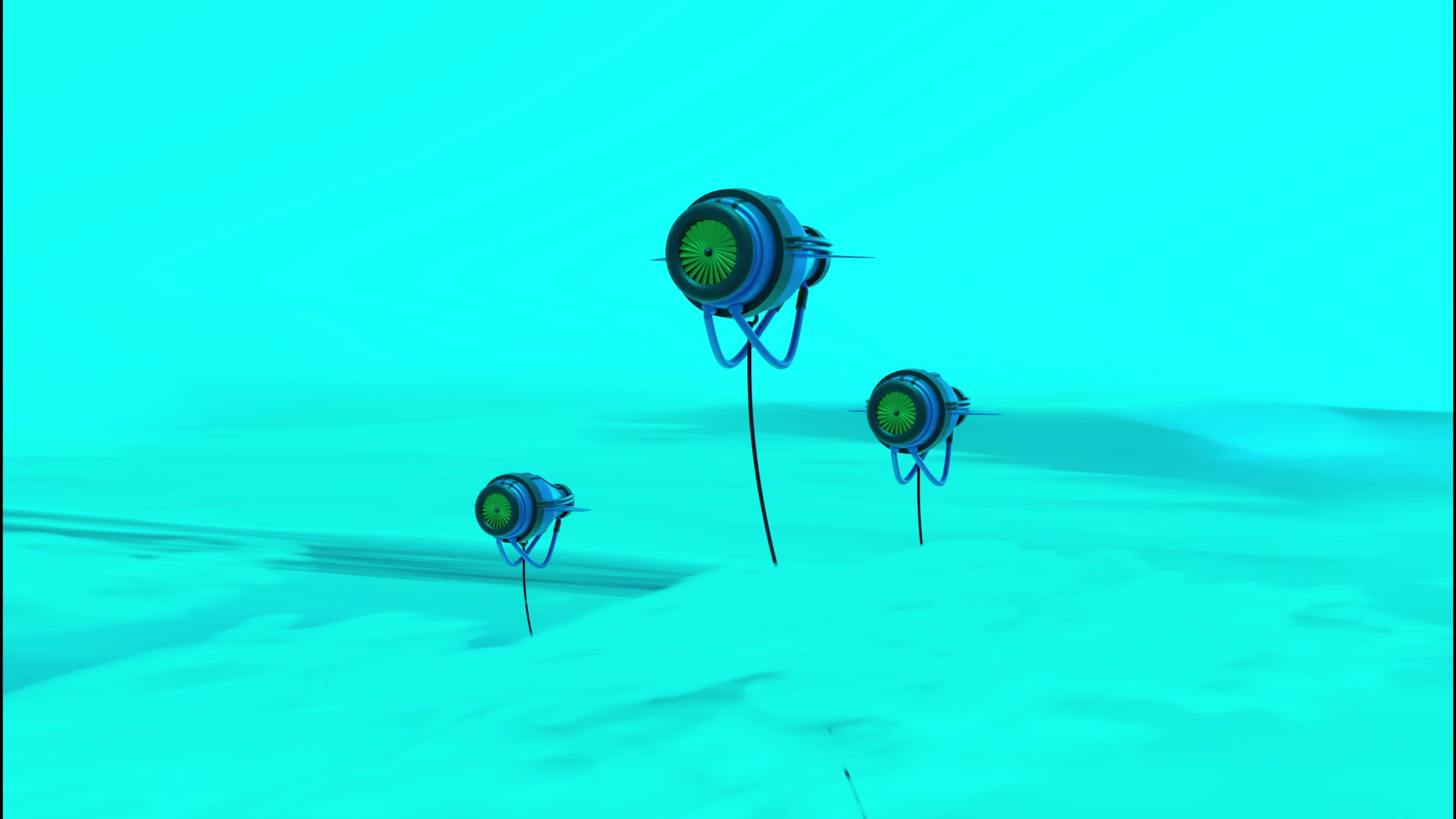 Abstract turbine like shapes turning and levitating in the sky ...