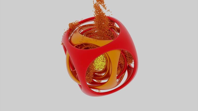 abstrato vermelho e amarelo cubo com alisado ângulos e laranja partículas. Projeto. incomum ...