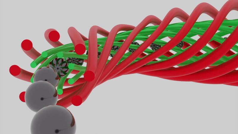 Moving colorful of abstract twisted lines creating a tunnel with balls moving inside. Design. A ...