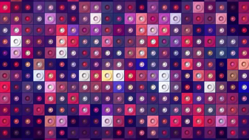 Mosaic background of shimmering colored squares with dots. Motion. Bright multicolored ...