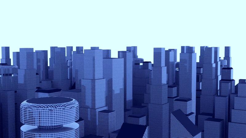 Layout of city with skyscrapers. Design. Virtual 3D city with high-rise ...