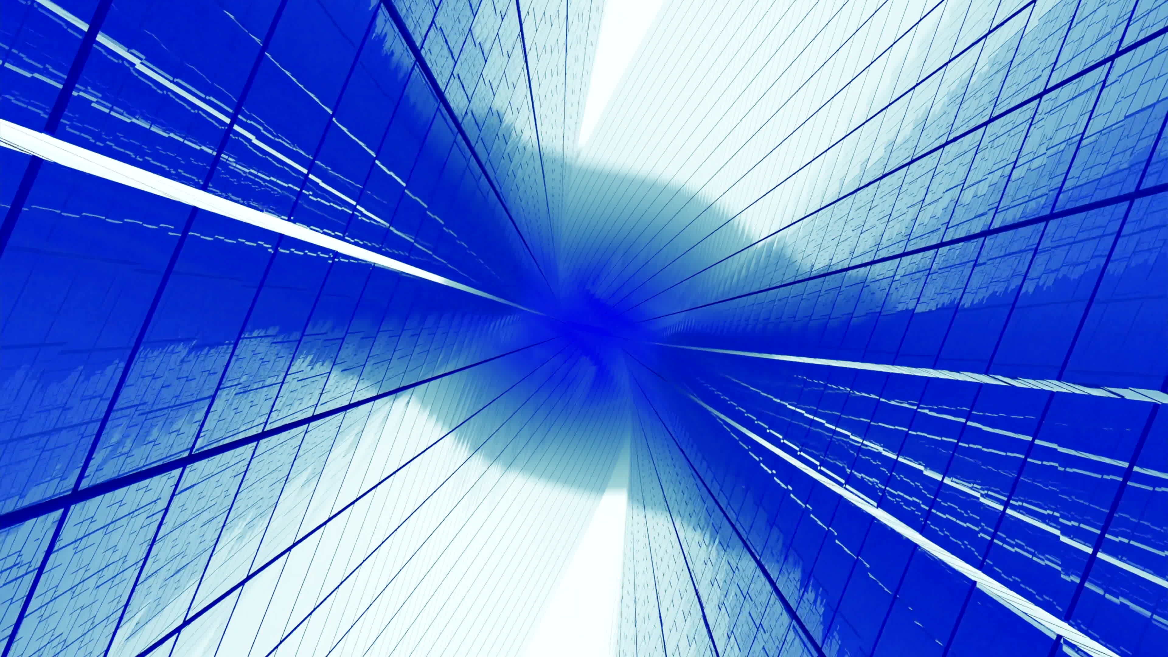 Animation of falling between buildings. Design. 3D glass walls with ...