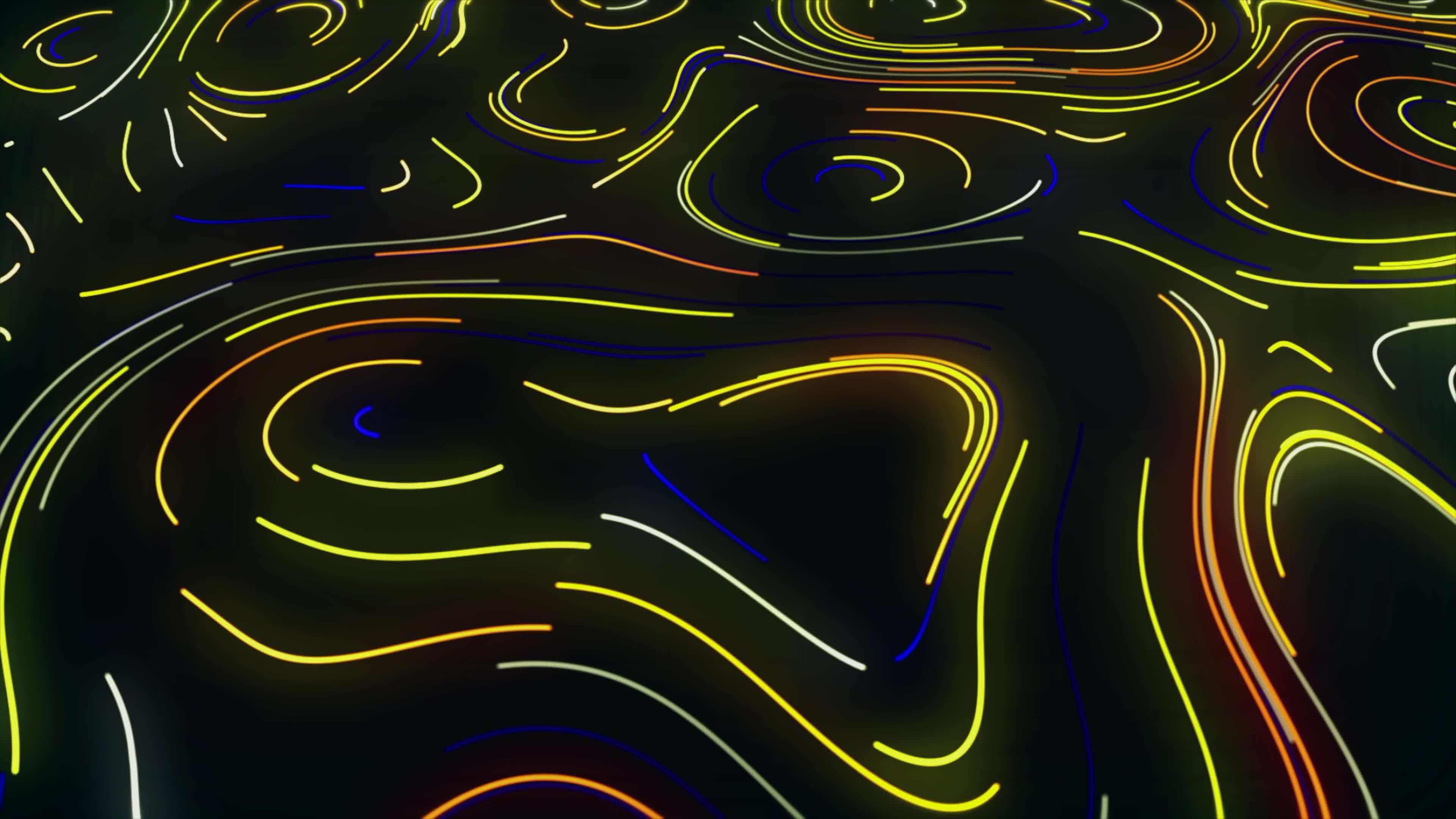 Animation of slow moving neon lines in pattern. Motion. Colorful neon lines slowly draw oval ...