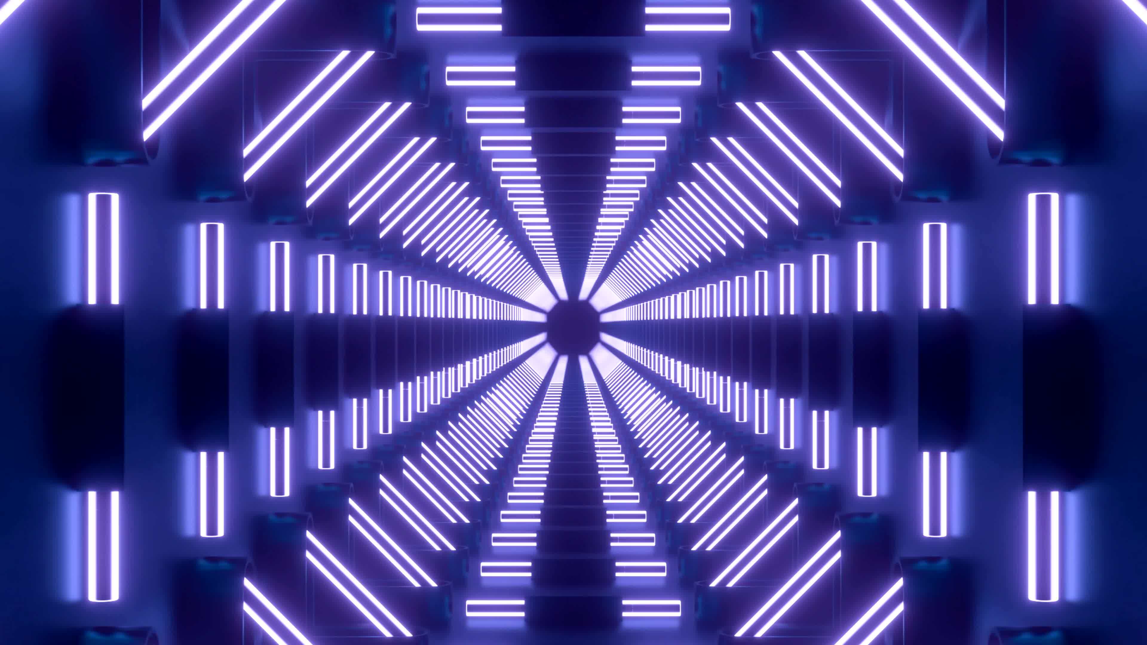 Slow flight through abstract 3D alien technology tunnel, seamless loop. Design. Glowing optical ...
