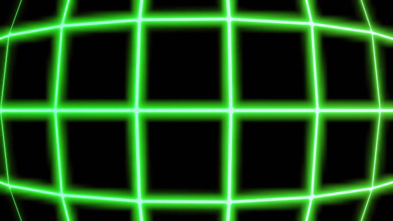 Moving curved neon grid. Design. Glowing cyber grid moves on black background. Grid in retro ...