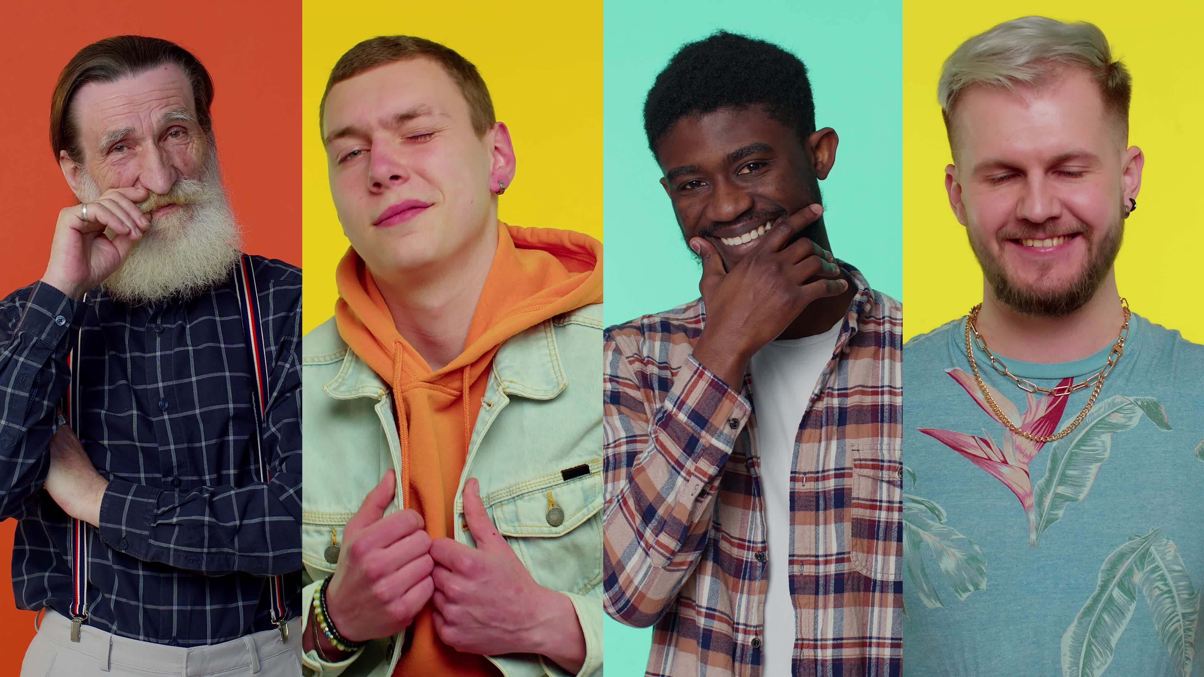 Multi Screen Vertical Portrait Of Cheerful Young Adult And Senior Men Smiling And Looking At