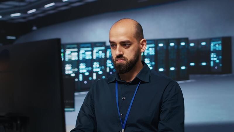 Computer scientist programming in data center room housing blade servers storing datasets. IT ...