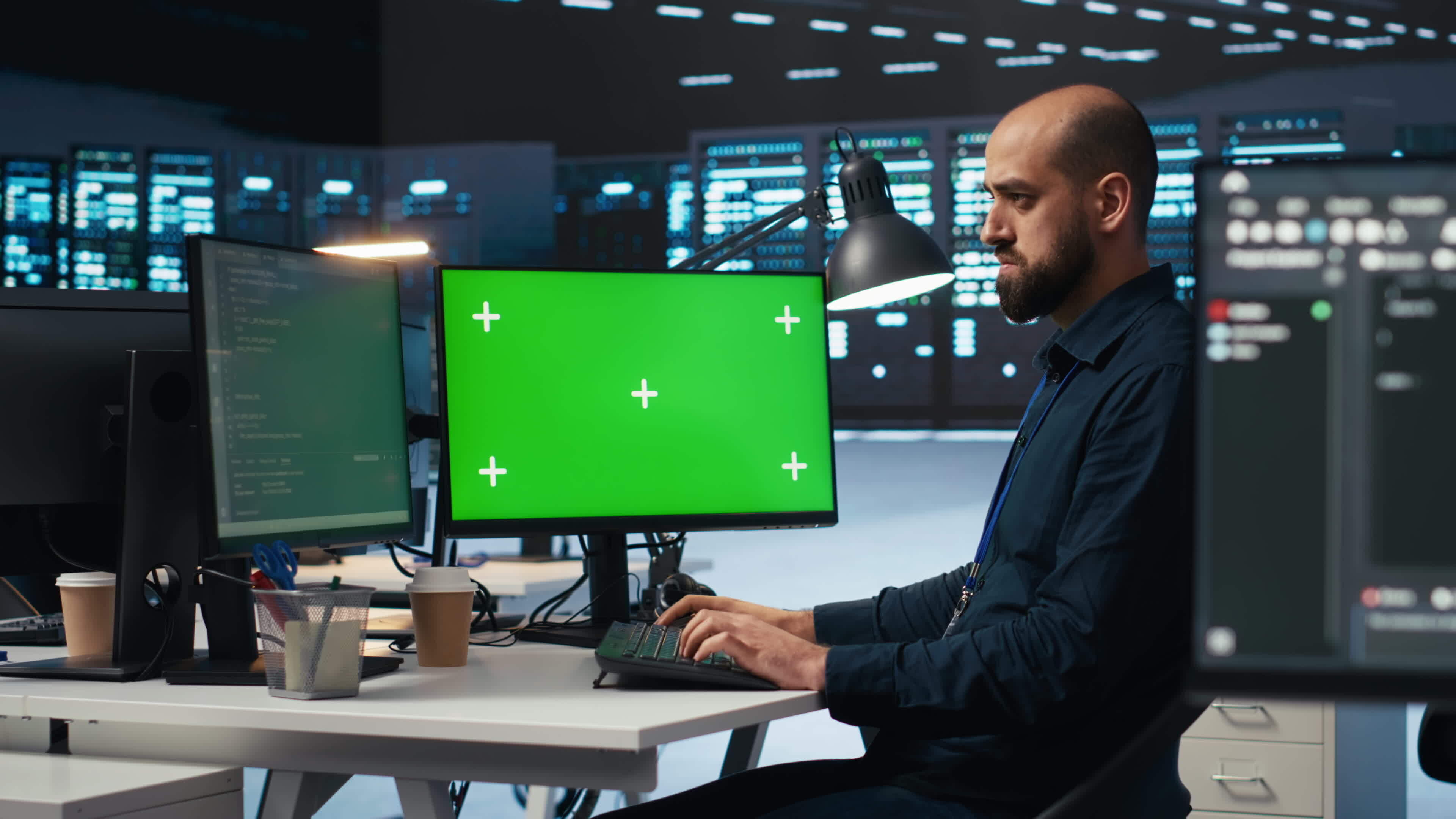 Admin Overseeing Server Room Running Code On Isolated Screen Computer