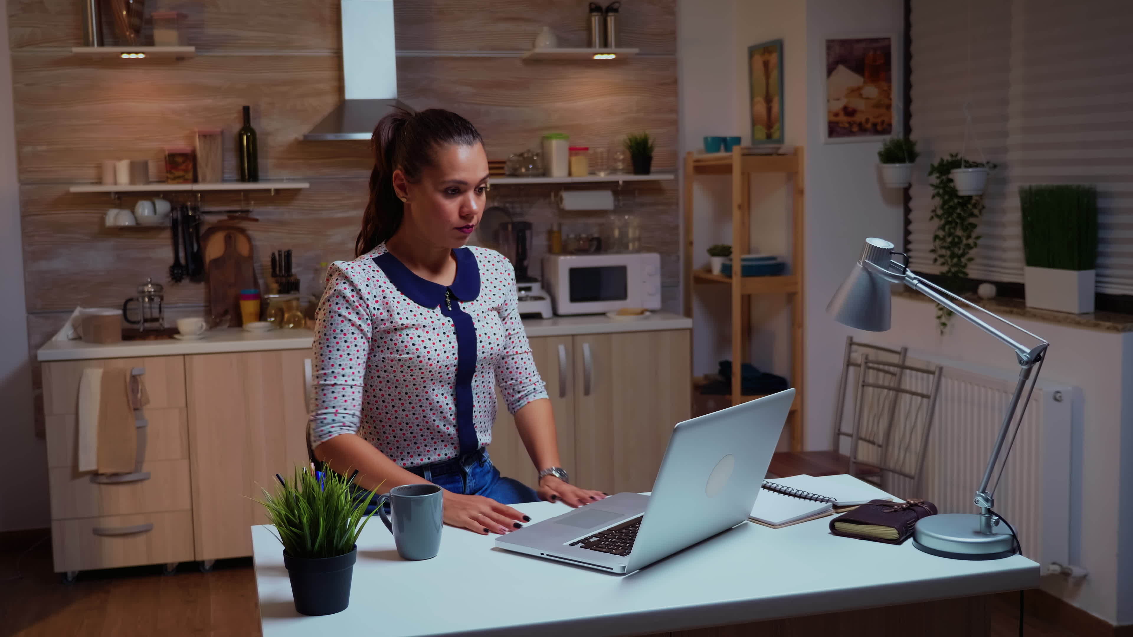 Exhausted Remote Employee Streching While Working On A Deadline Late At Night Busy Focused