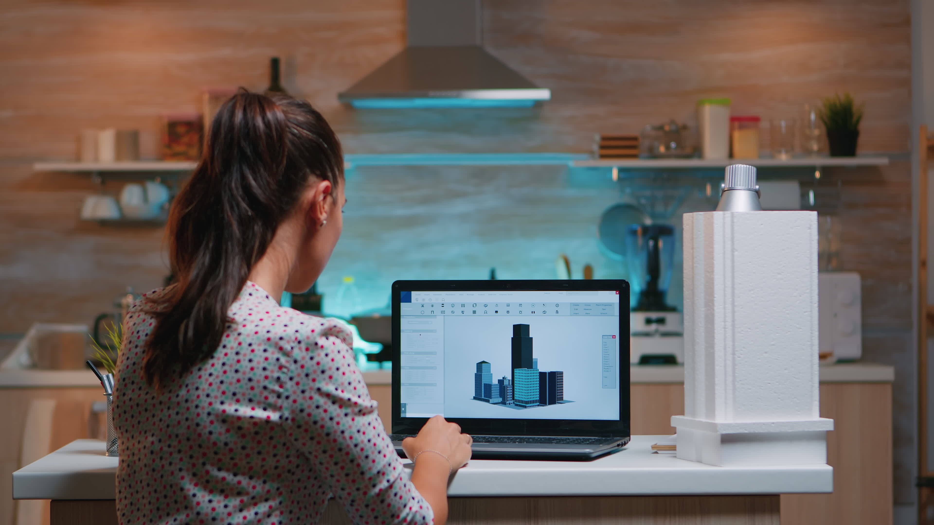 Designer Using Cad Software To Design A 3d Concept Of Buildings Working Remotely Overtime From