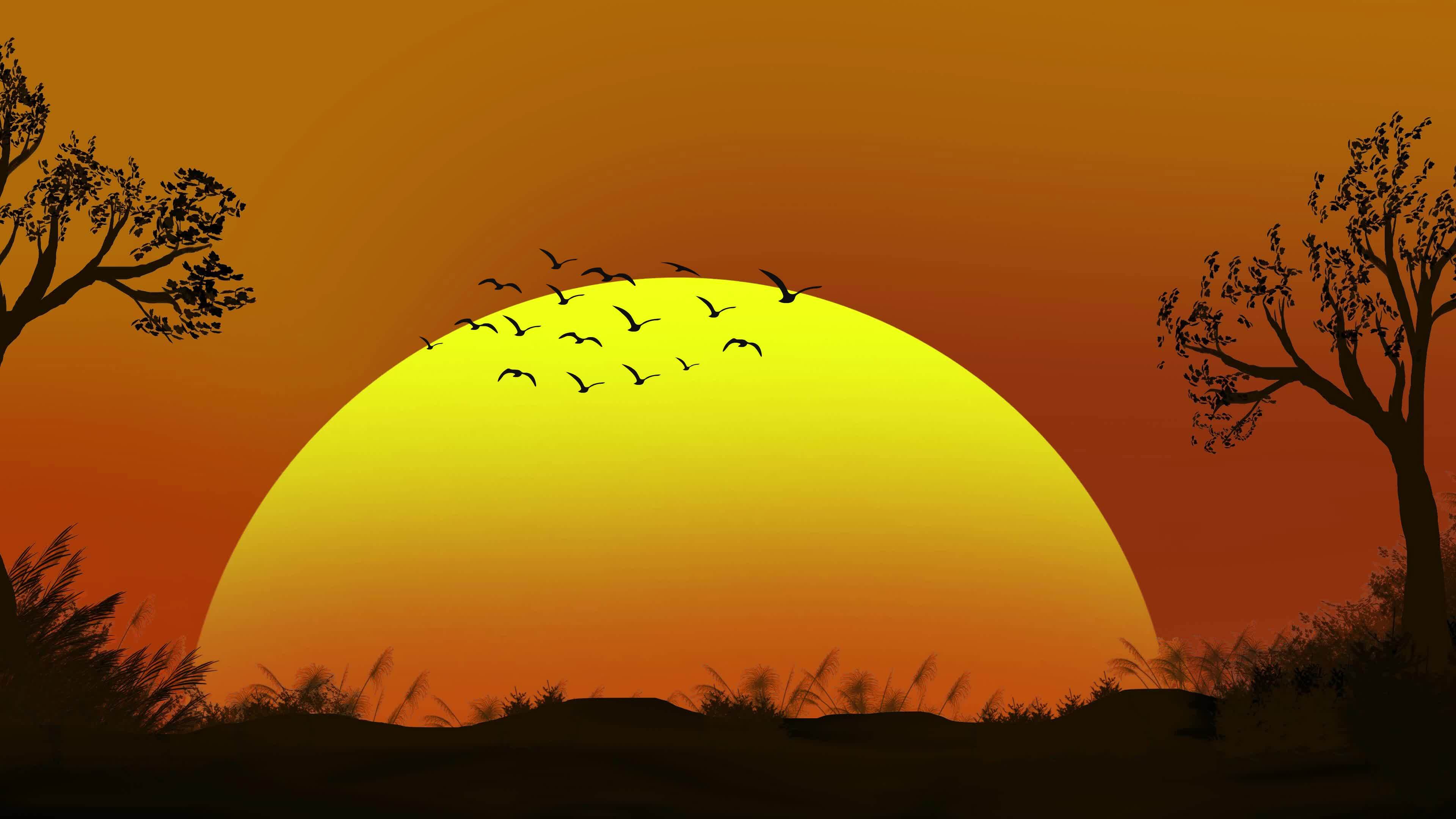 2d cartoon landscape sunset down yellow sky flock of birds fly 4k animation 44574687 Stock Video ...