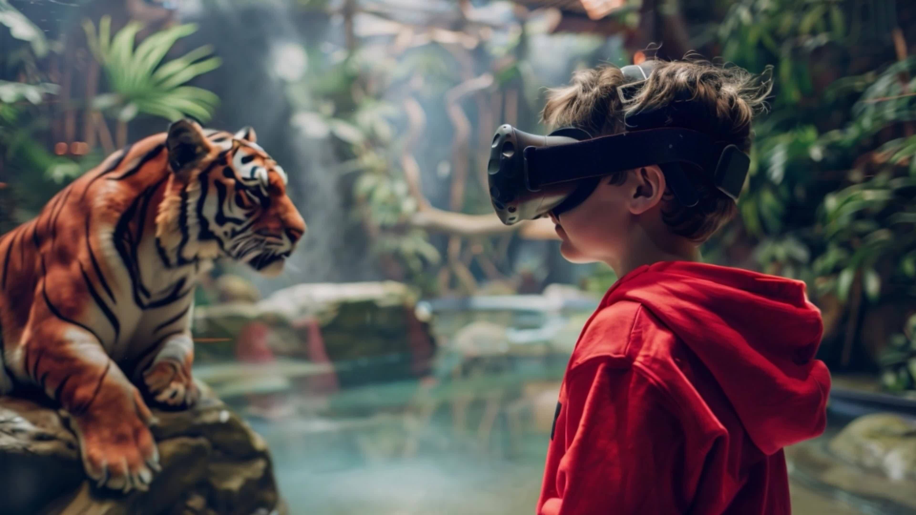 A boy wearing a red hoodie looks intently at a tiger in a VR Zoo simulation. The boys curiosity ...