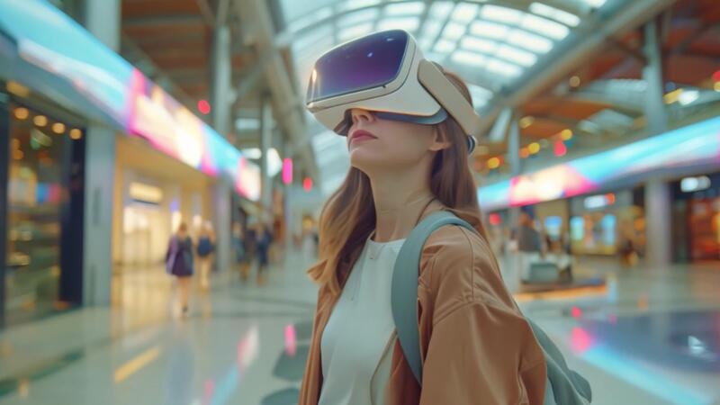 A woman standing in an airport wearing a virtual reality headset, immersed in a digital travel ...