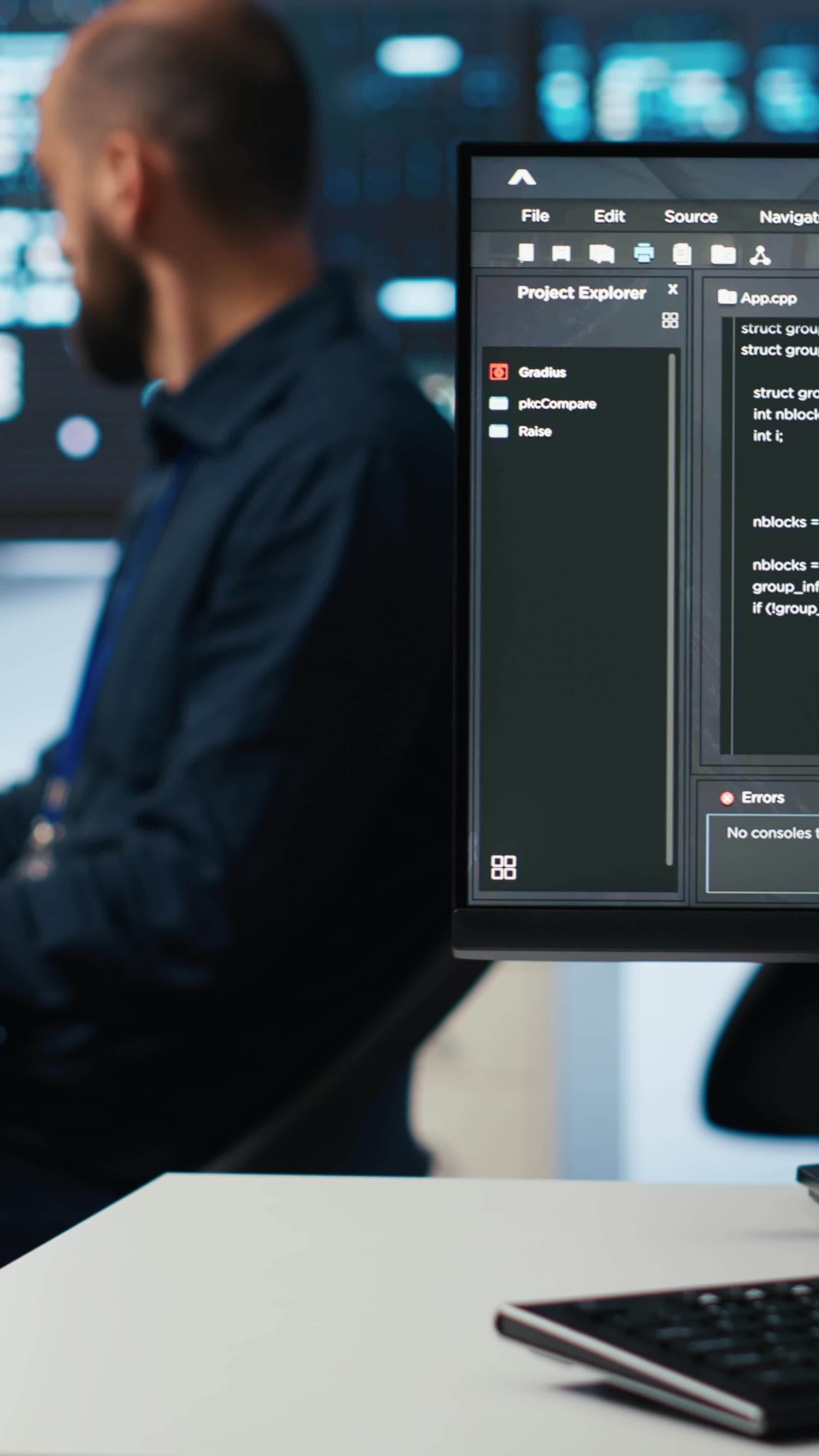 Vertical Computer Scientist Programming In High Tech Facility With Server Rows Providing